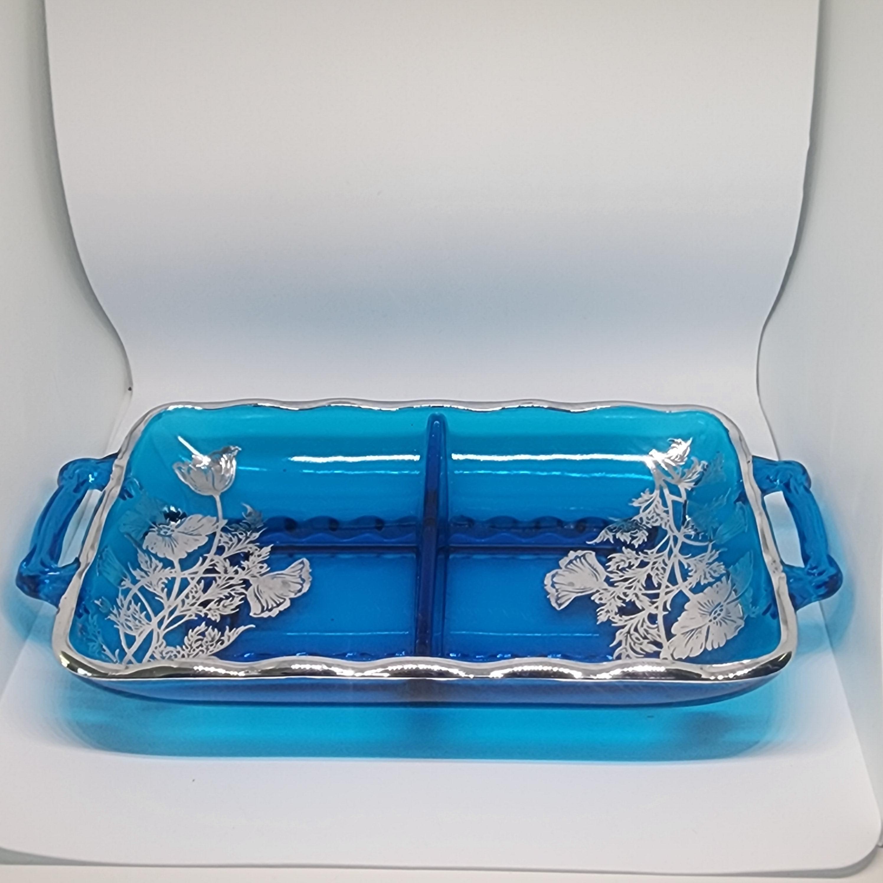 Vintage 1960s SILVER CITY GLASS CO FLANDERS PEACOCK BLUE SILVER OVERLAY ...