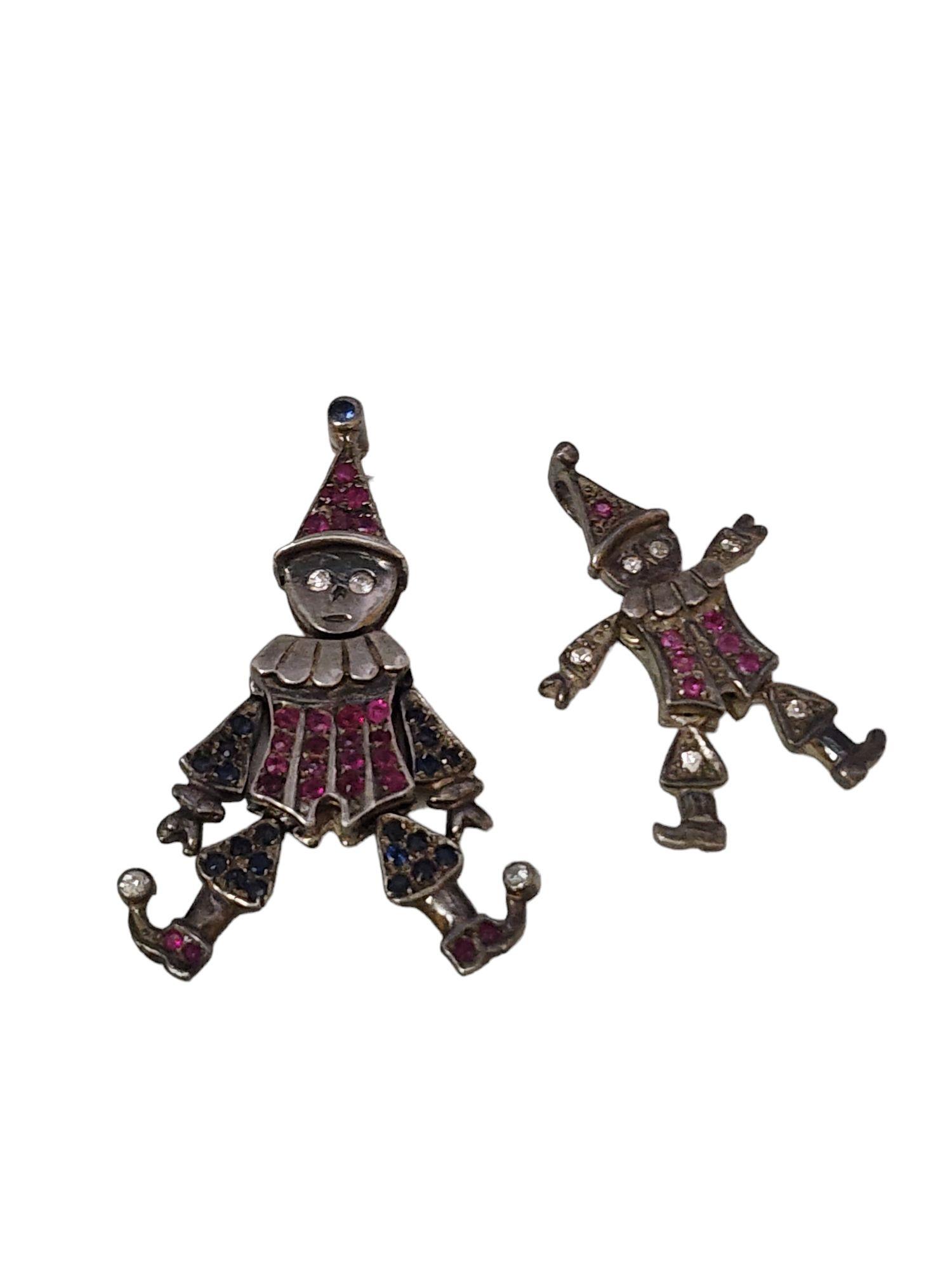 Vintage Pair of Articulating Clown Sterling Charms w/ Stones (A3595)