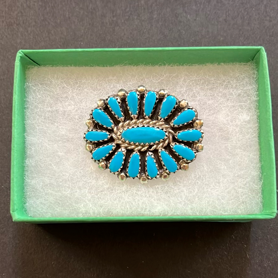 Turquoise Silver Oval Petit Point Brooch Pin Marked Sterling HB