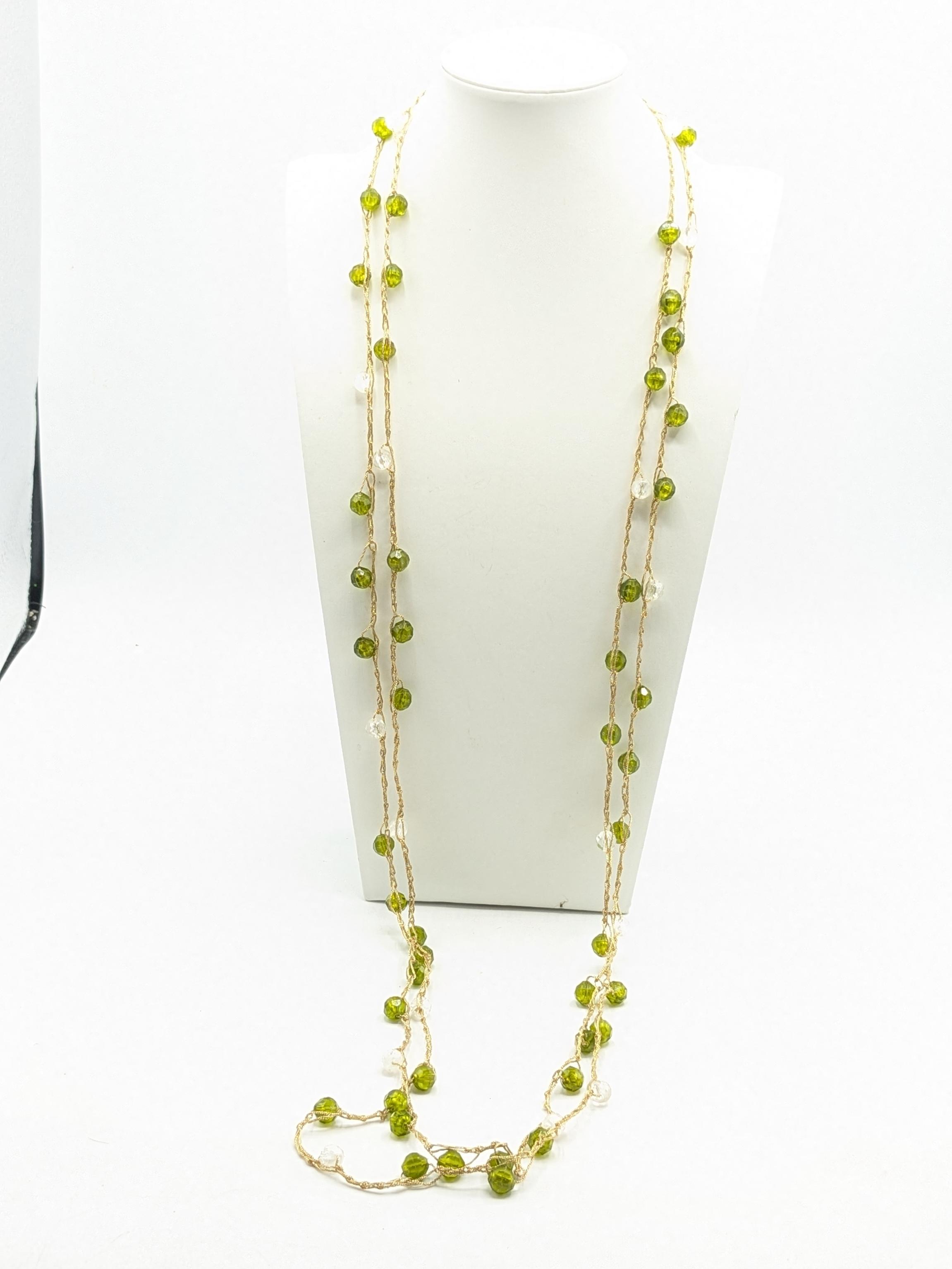 Green Beaded with Gold Thread Chain Necklace