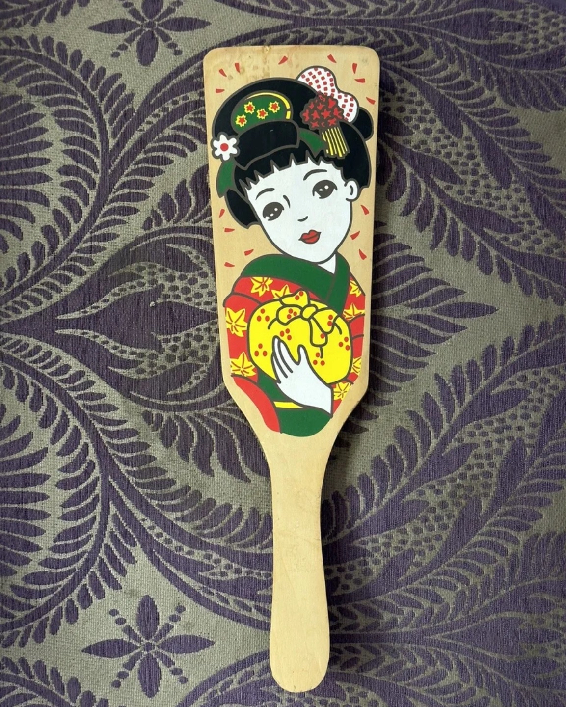 Vintage Geisha Girl Painted Wooden Paddle