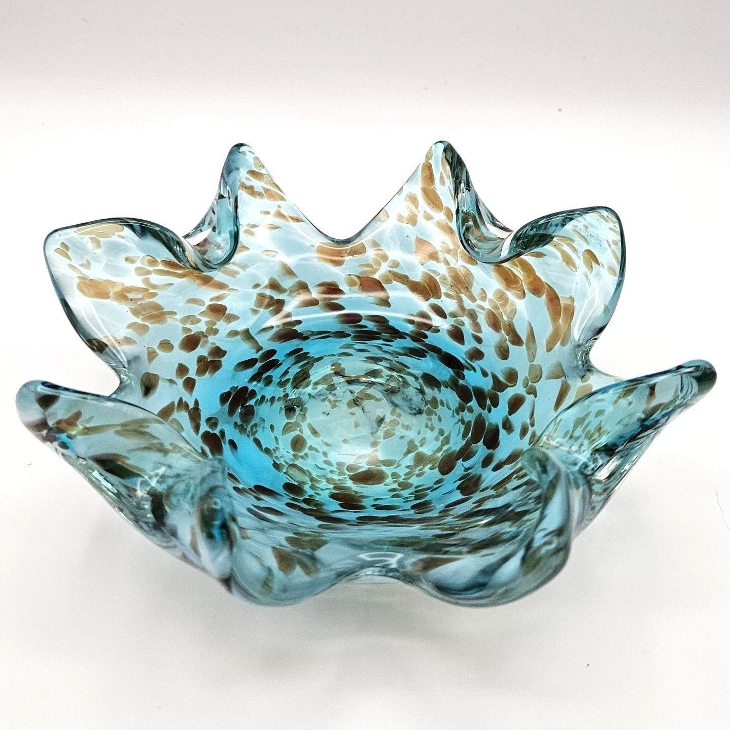 Art Glass Ruffle Bowl Dish Robin Egg Blue Aqua Brown Splatters Murano ...
