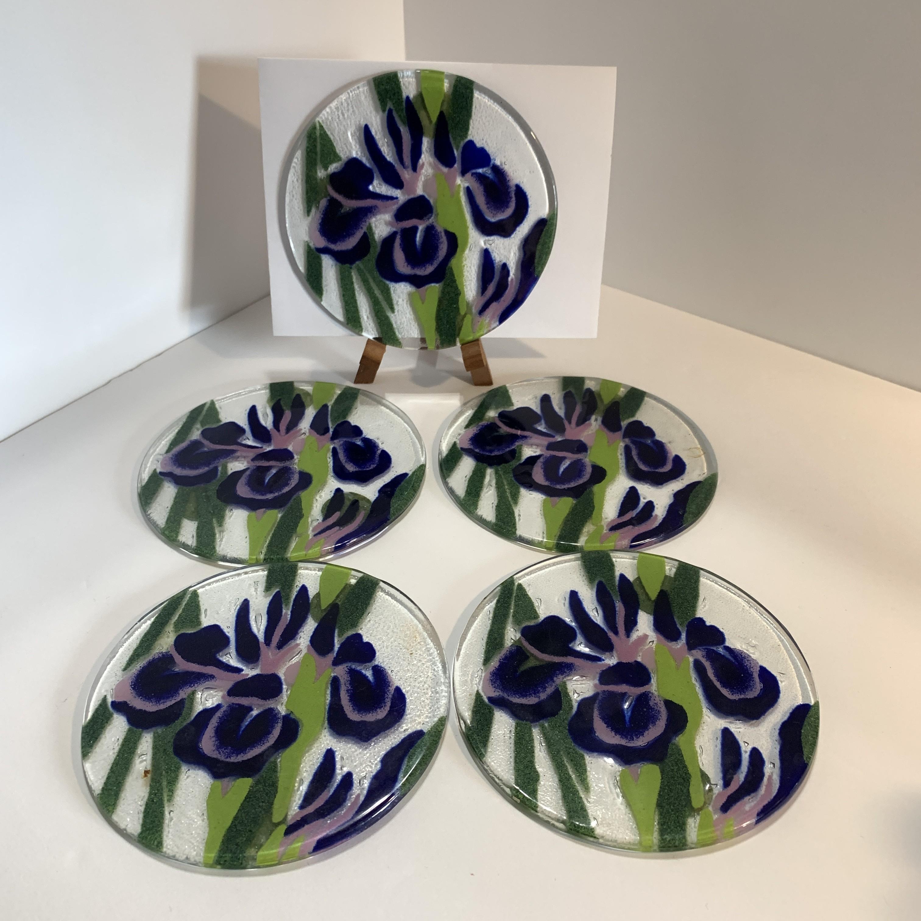 Iris Fused Glass Coasters Signed (5)