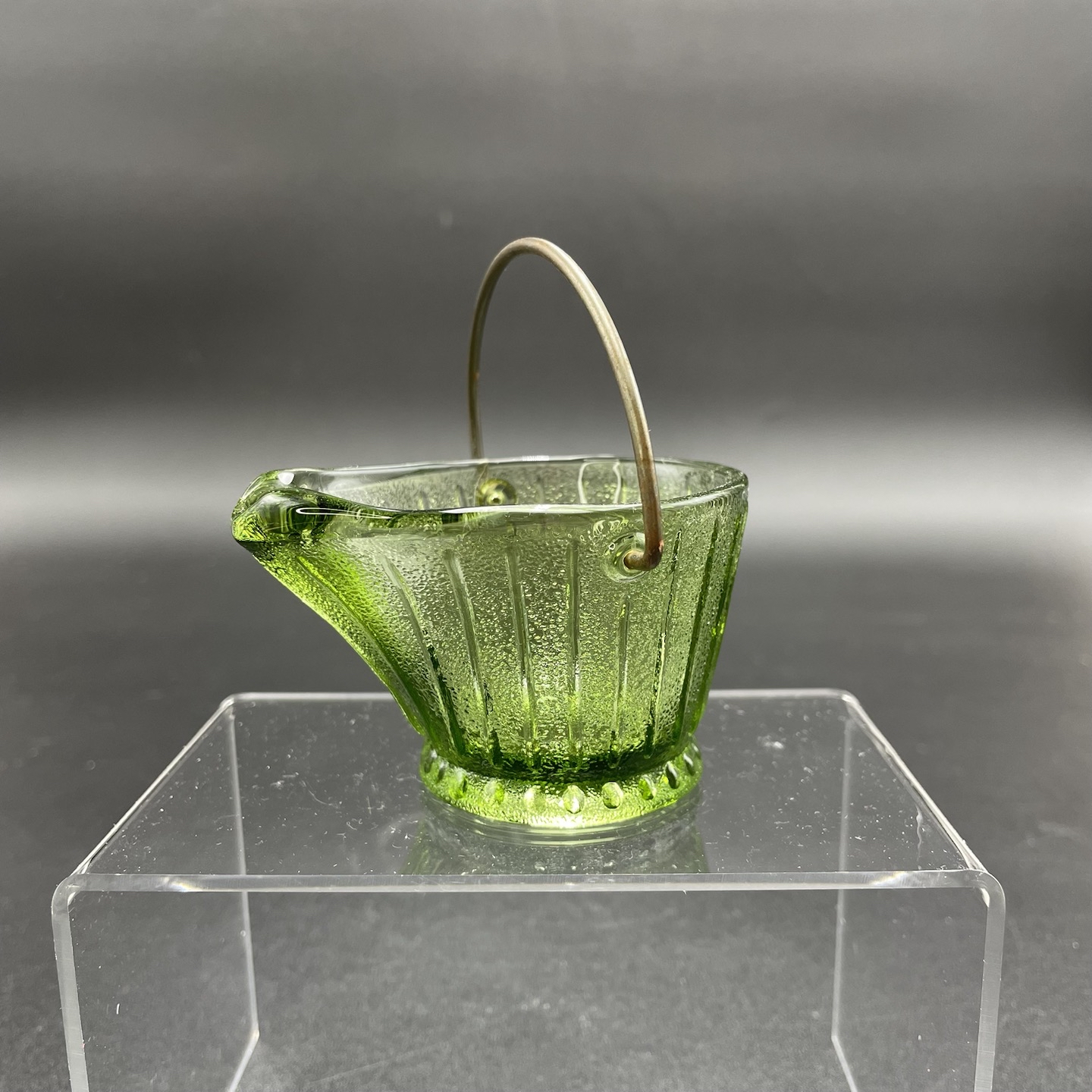 Hazel Atlas Green Glass Coal Bucket w/Handle Ashtray Collectible