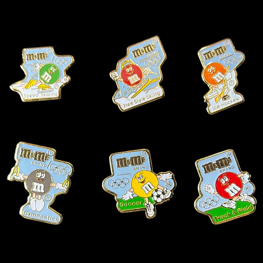 Vintage M&M Olympic Winter And Summer Game Pins - Set Of Six: 1”x 1”