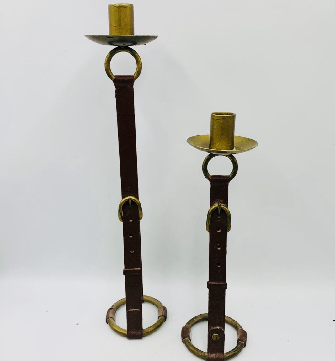 Pair Graduated Metal Belt And Buckle Candlesticks Rustic Primitive ...