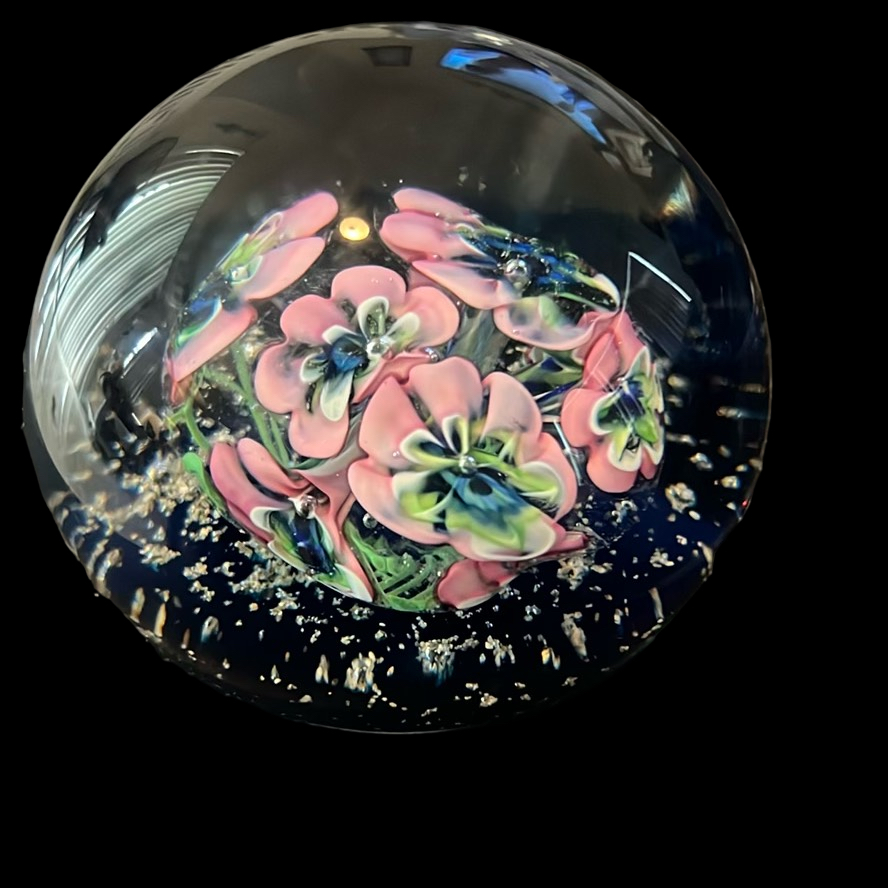 Paperweight with Pink Flowers Blue Bottom. 3” Diameter by 2 1/2” Tall.