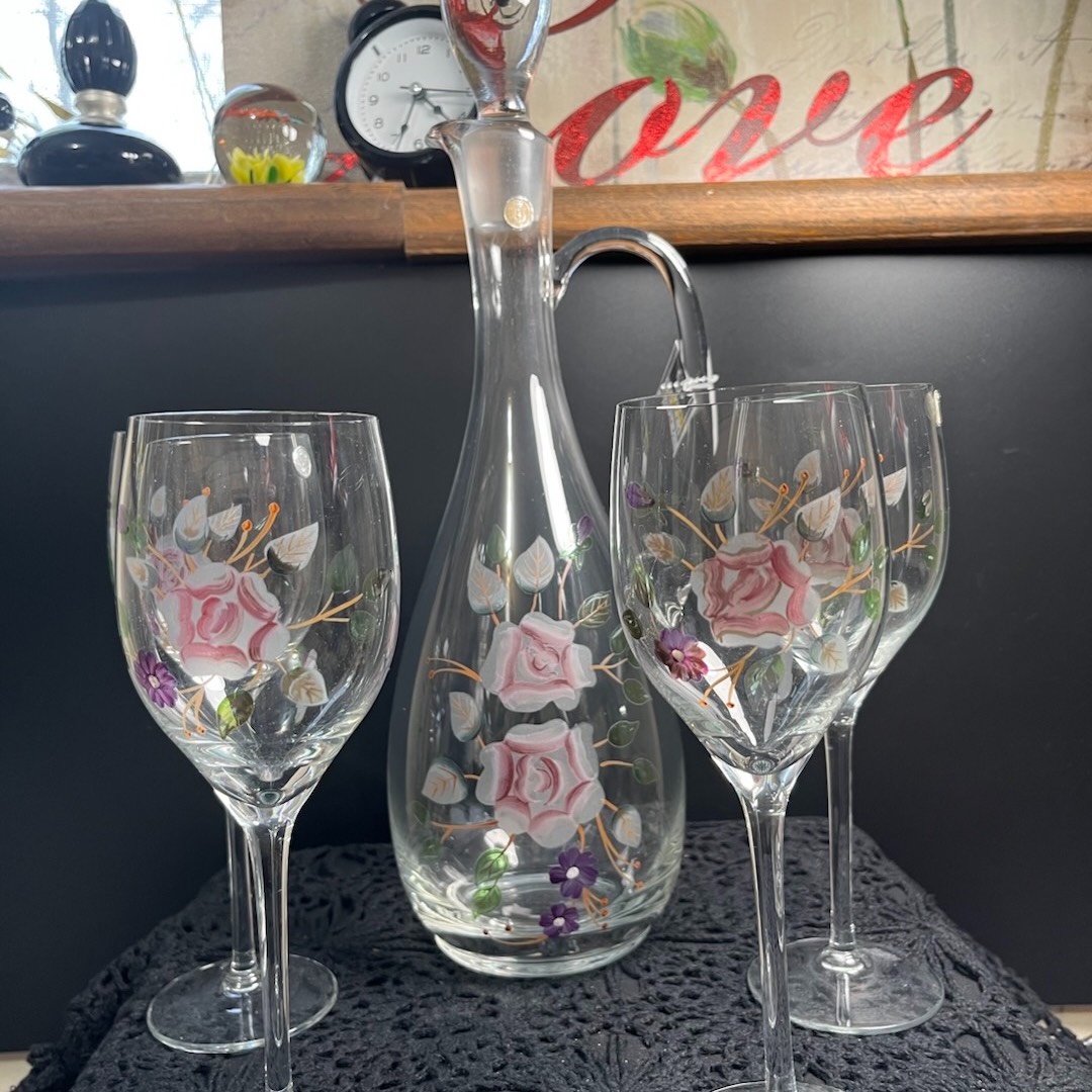 Romanian Crystal Decanter w/ Handle, Stopper is Intact. 4 Gorgeous ...