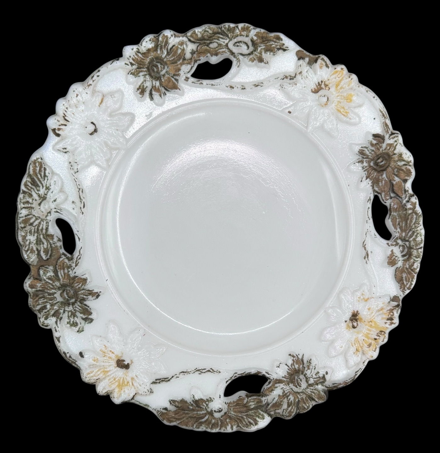 Antique Milk Glass Plate Reticulated Floral White Painted Gold ...
