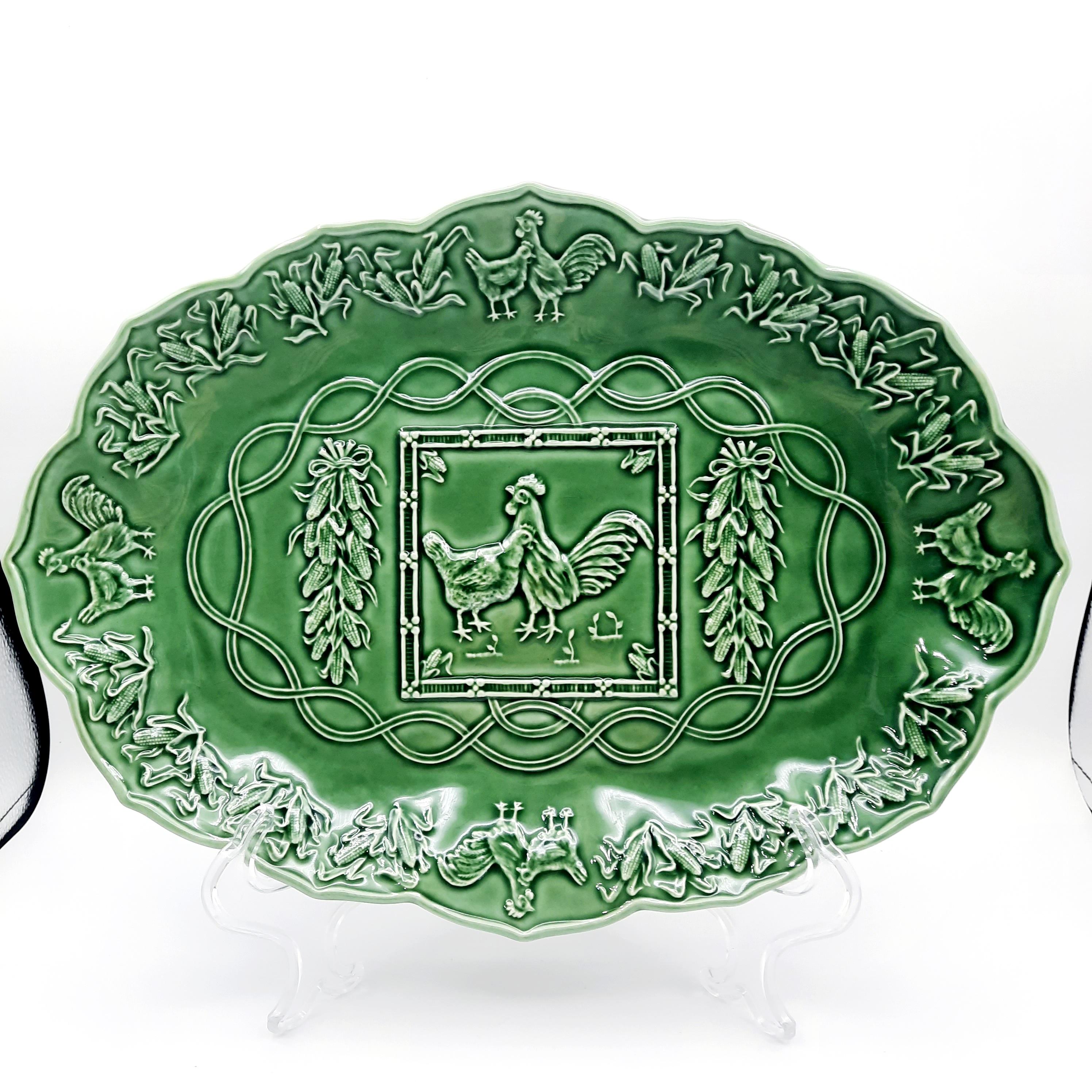 Bordallo Pinheiro Portugal Green Rooster Chicken Oval Serving Platter