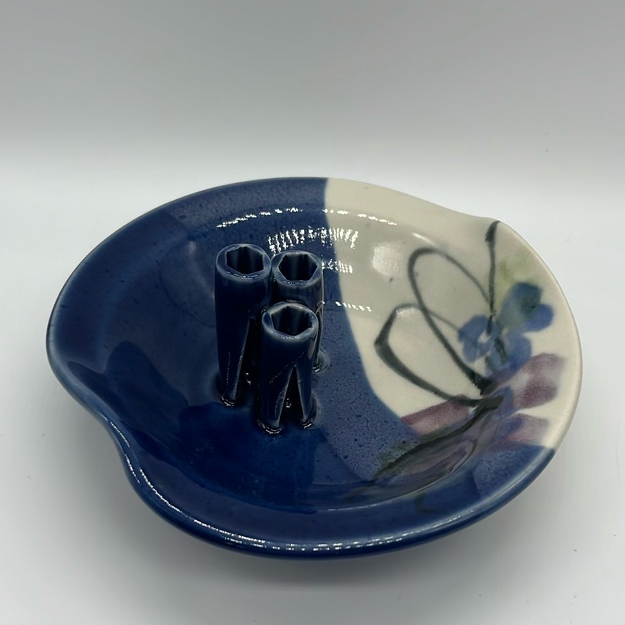Follette Signed Studio Art Pottery Ikebana Blue White Purple Bud Vase 6”