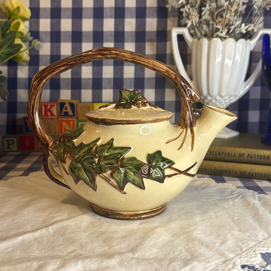 1940s McCoy Raised Ivy Design Teapot with Lid & Tree Branch Handle