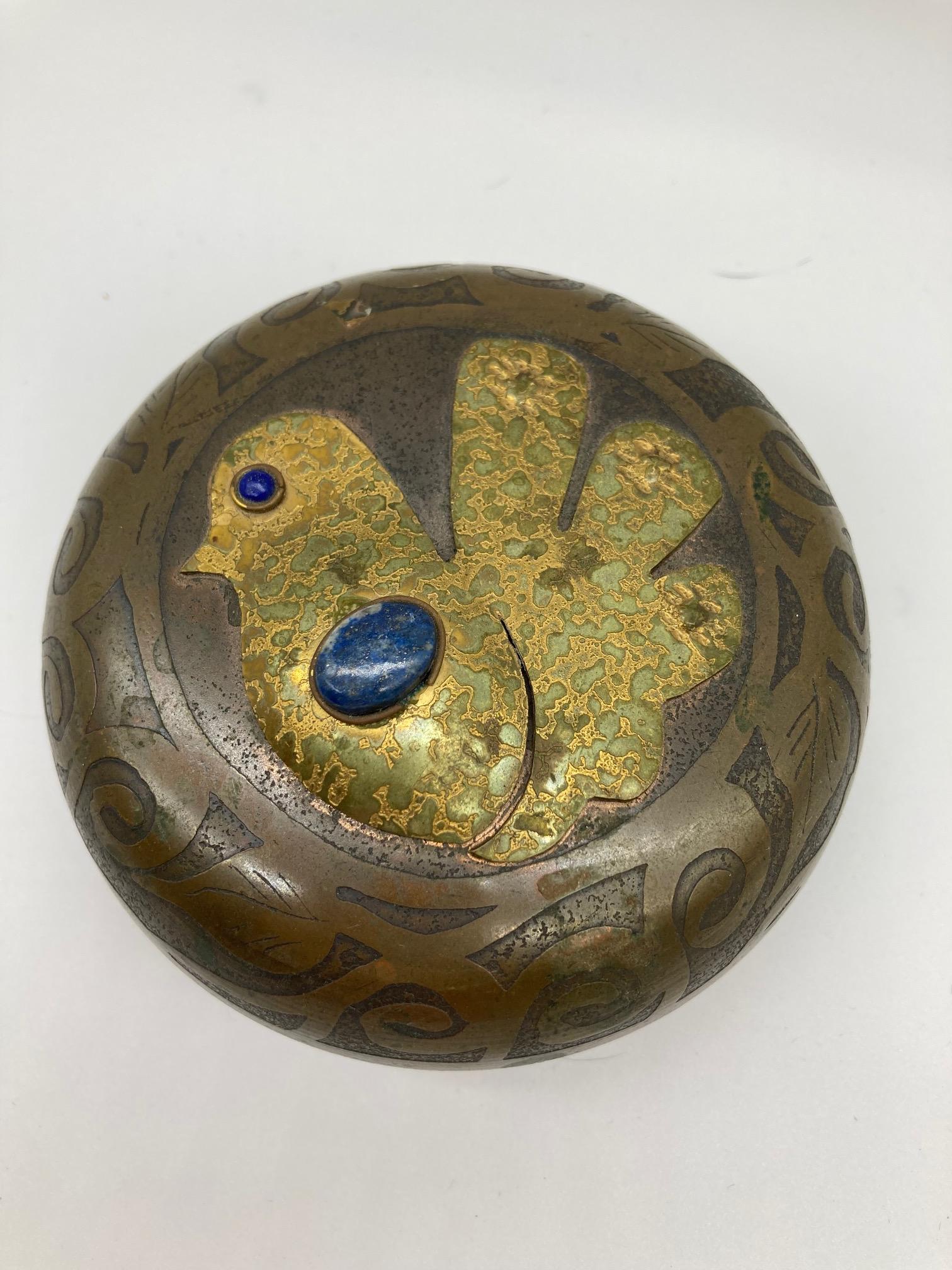 T. CRISOL Chile Round Tooled Copper Abstract Bird Trinket Box With ...