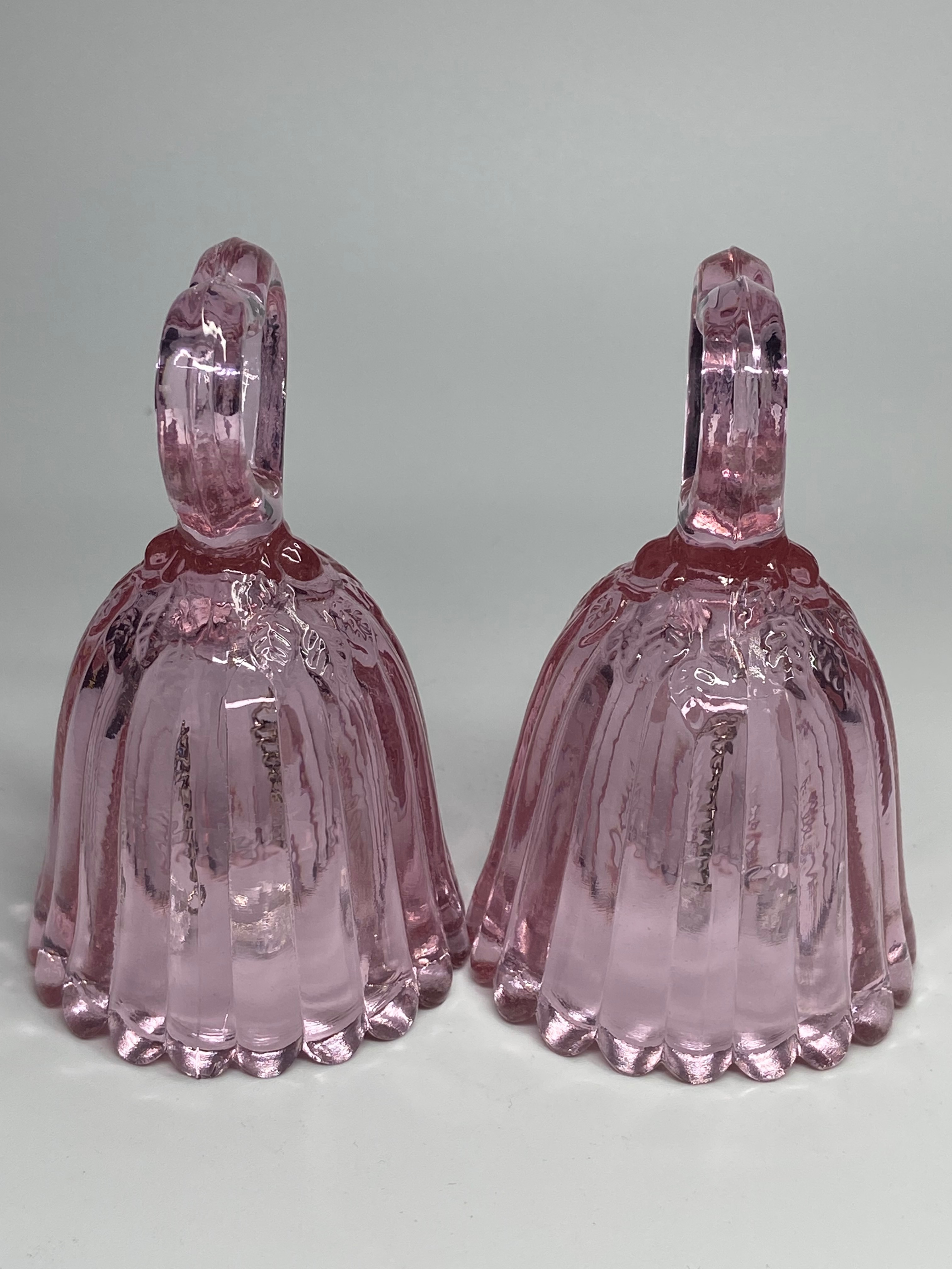 Antique Fenton Pink Glass Bells With Heart Handle, Glows Green Under UV ...