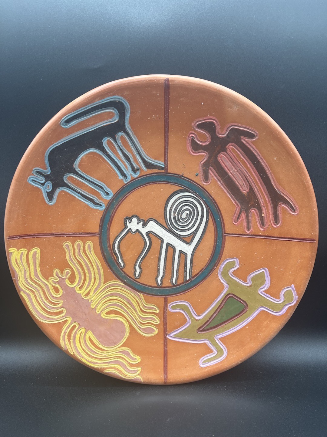 Peruvian Red Clay Nazca Lines Plate 12”