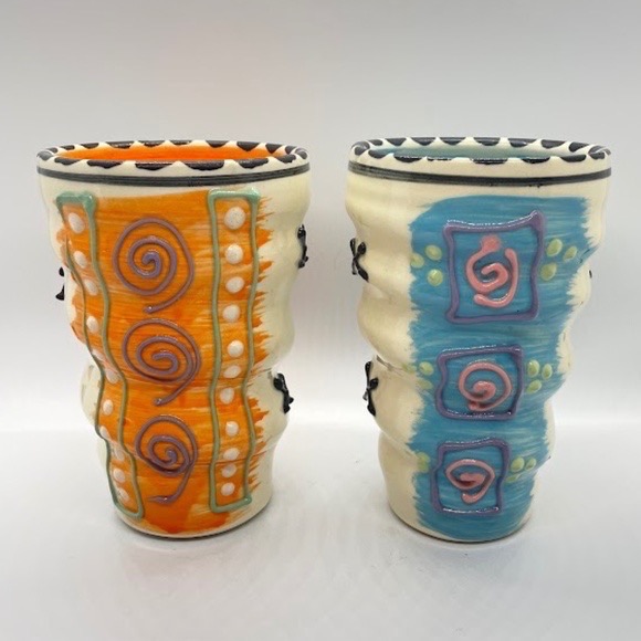 2 Whimsical ‘Polly Made Me’ Tumblers Handmade Studio Pottery Artist Signed