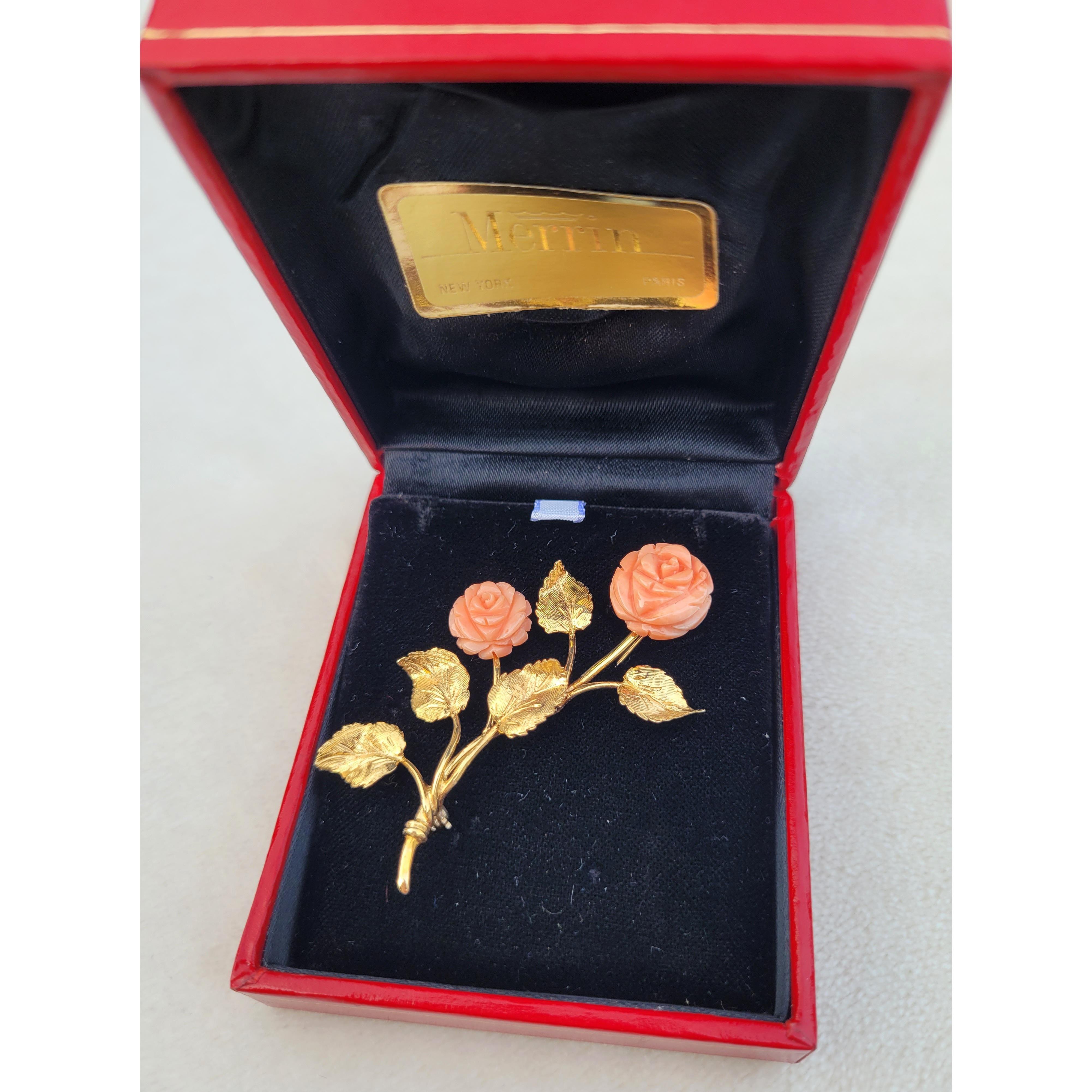 Vintage Merrin 14K Solid Gold Angel Skin Coral Floral Rose Brooch Pin ...