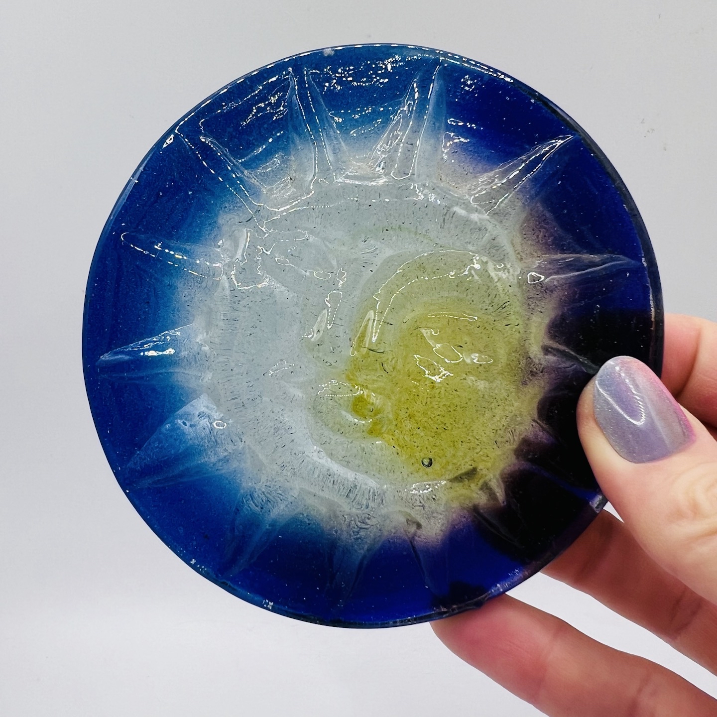 Celestial Sun Face Art Glass Disc Paperweight 4”