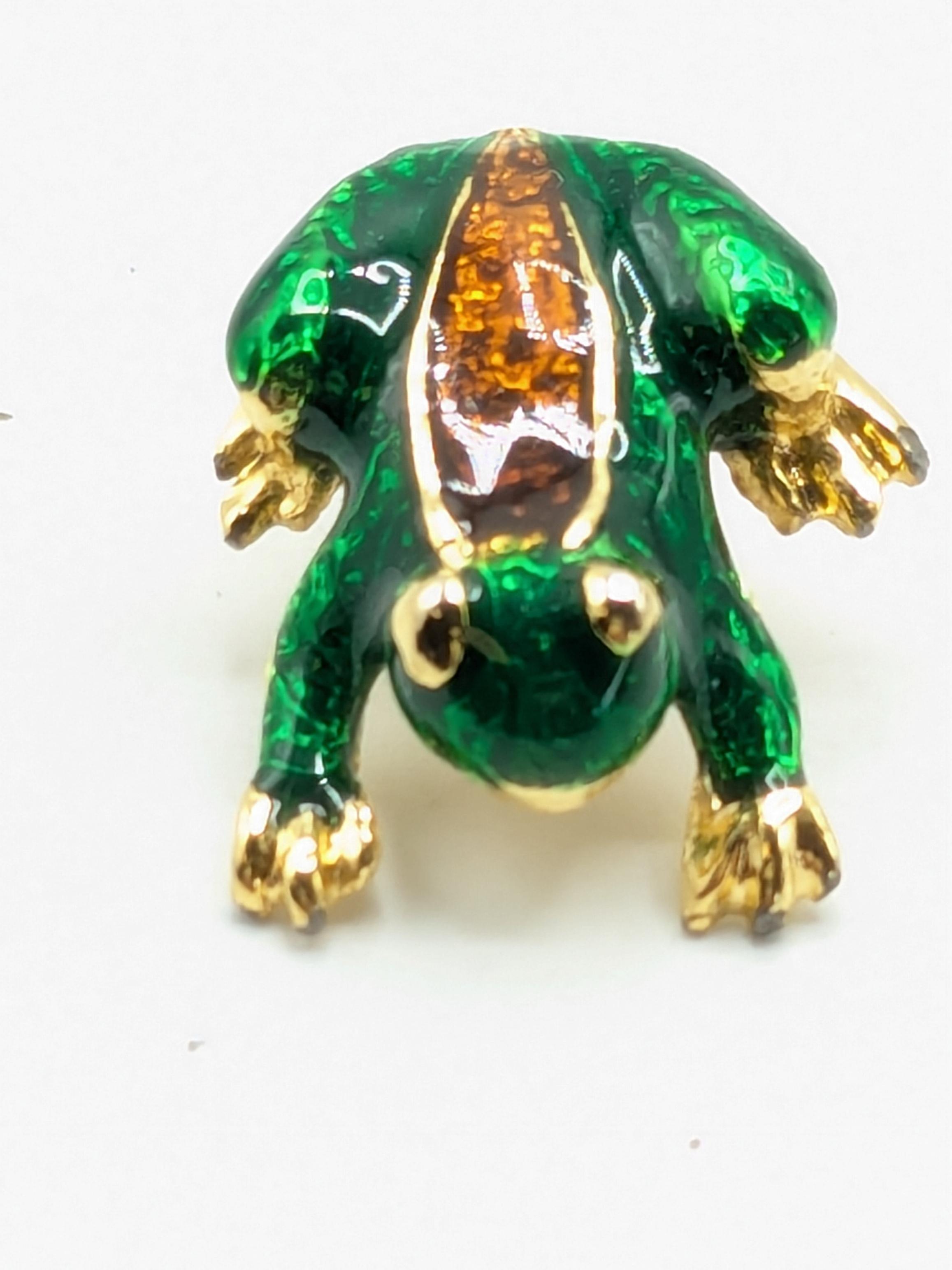 Ballou Reg'd Frog Lapel Pin Green and Orange Enameling Gold Tone