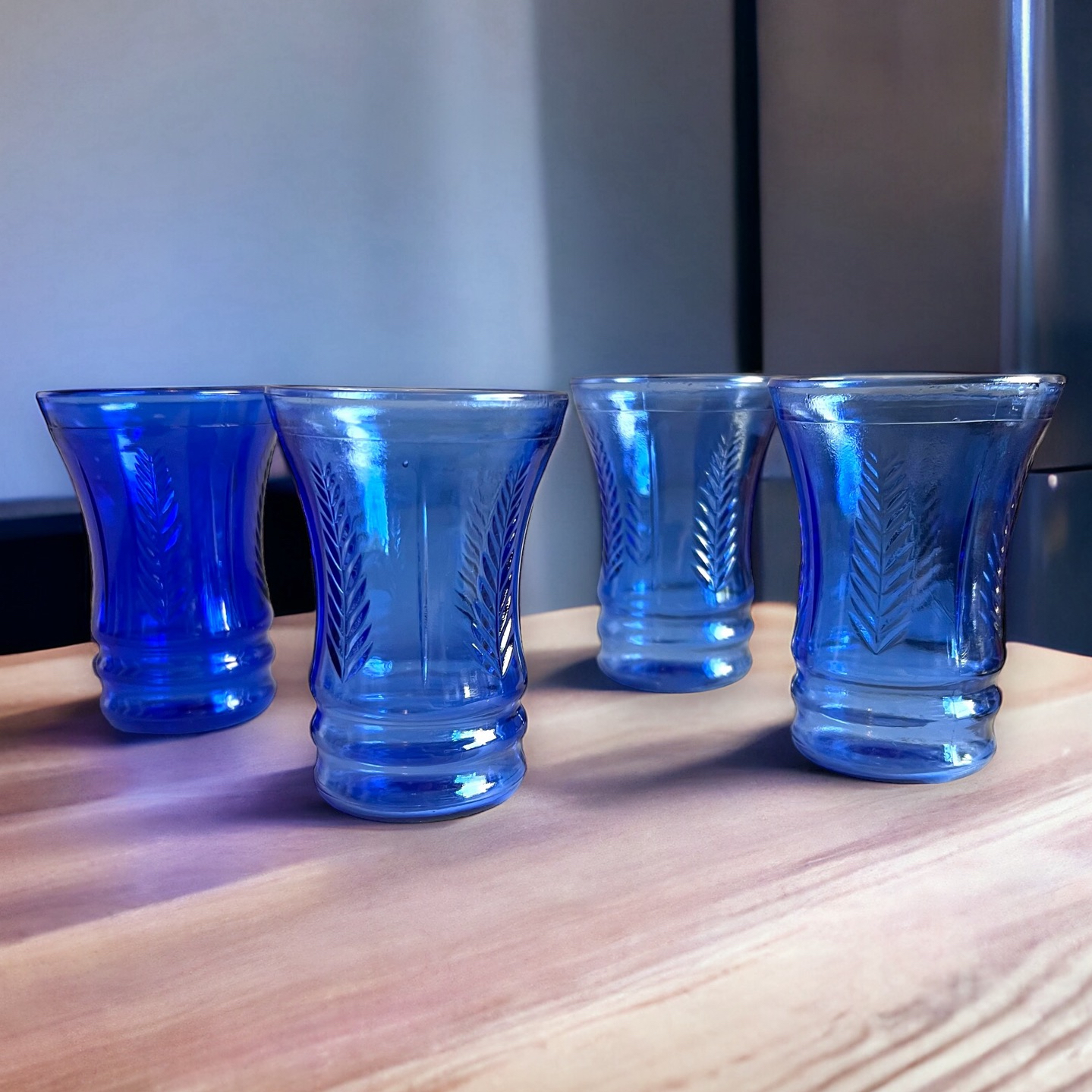 Antique Maryland Glass Company Feather Blue Juice Glasses