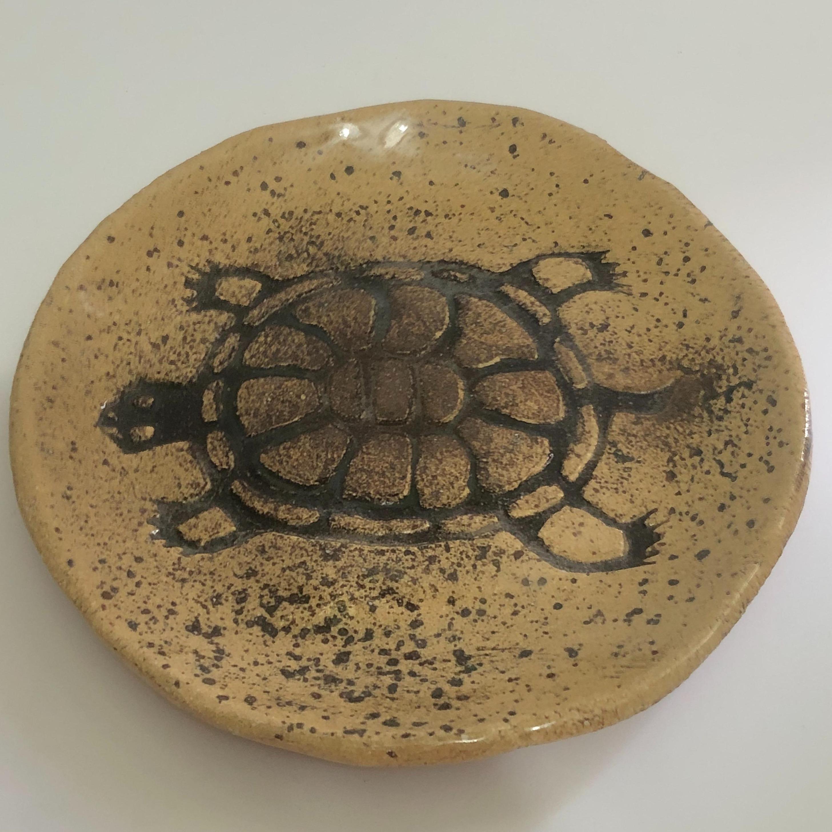 Art Pottery Turtle Dish Bowl Trinket Signed Brown Splatter