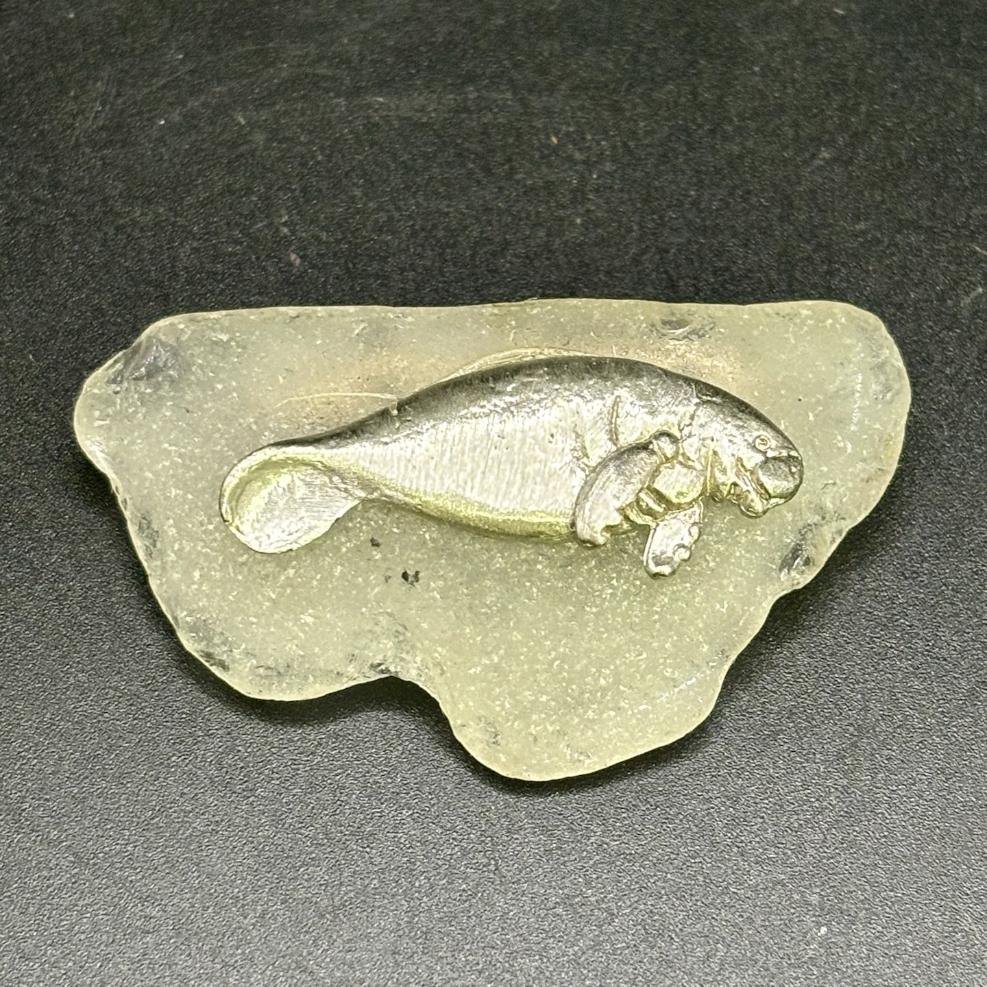 Silver Toned Manatee Sea Hippo On Stone Brooch Pin