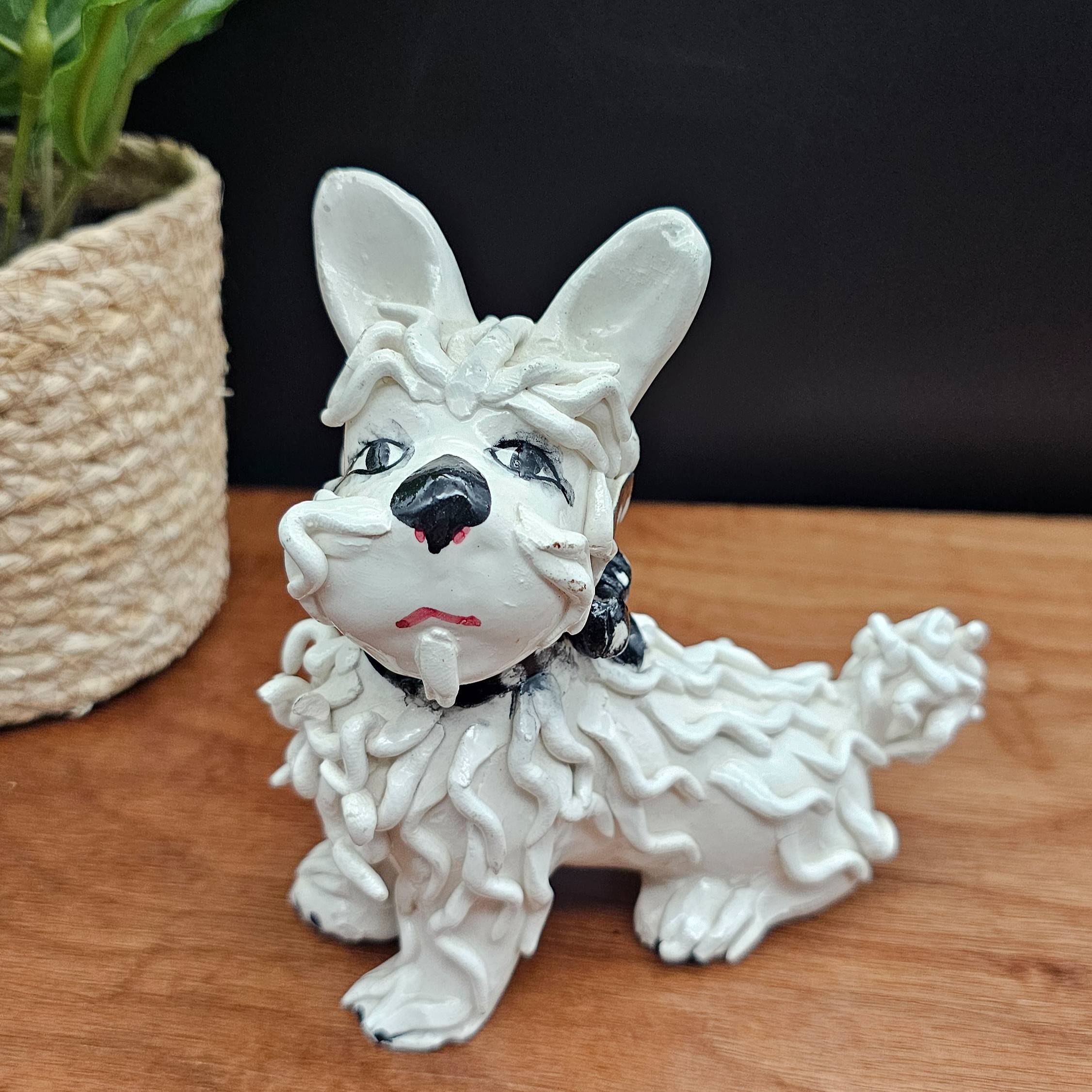 Vintage Hand Painted White Spaghetti Terrier Dog Made in Italy - chipping