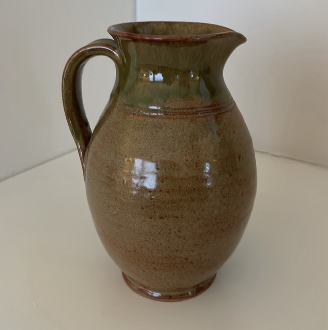 Sturbridge Village, handmade pitcher in browns and green with shiny ...