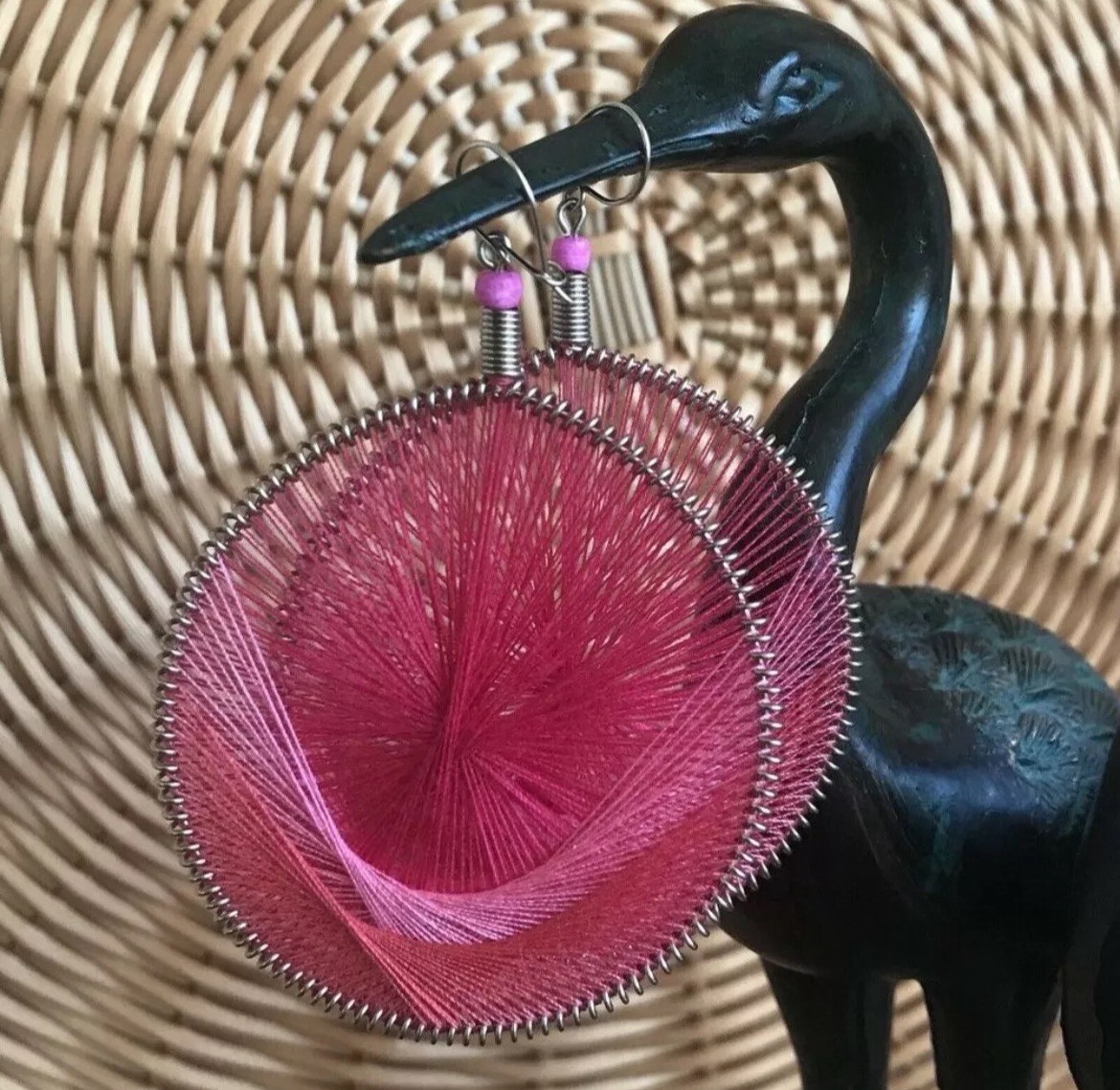 70s String Art Earrings Peruvian Thread Art Pink Boho Festival 2.75" NEW