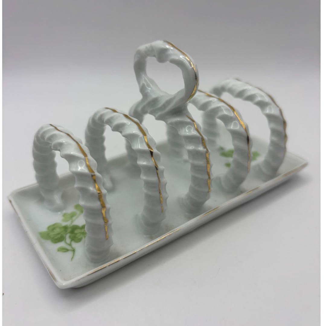 Antique Austrian Porcelain TOAST RACK Gold Lines & Green Floral Details