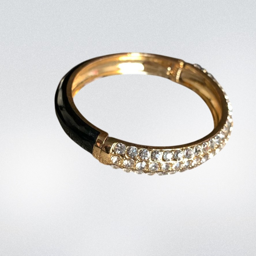 Gold Tone Side Hinged Closure Bangle Bracelet. One Side Black Acyclic ...