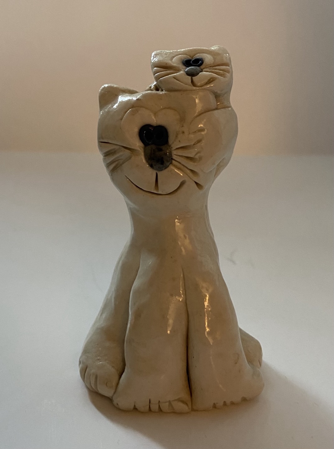 Clay Cat Figurine With Kitty Companion. 4” X 2”
