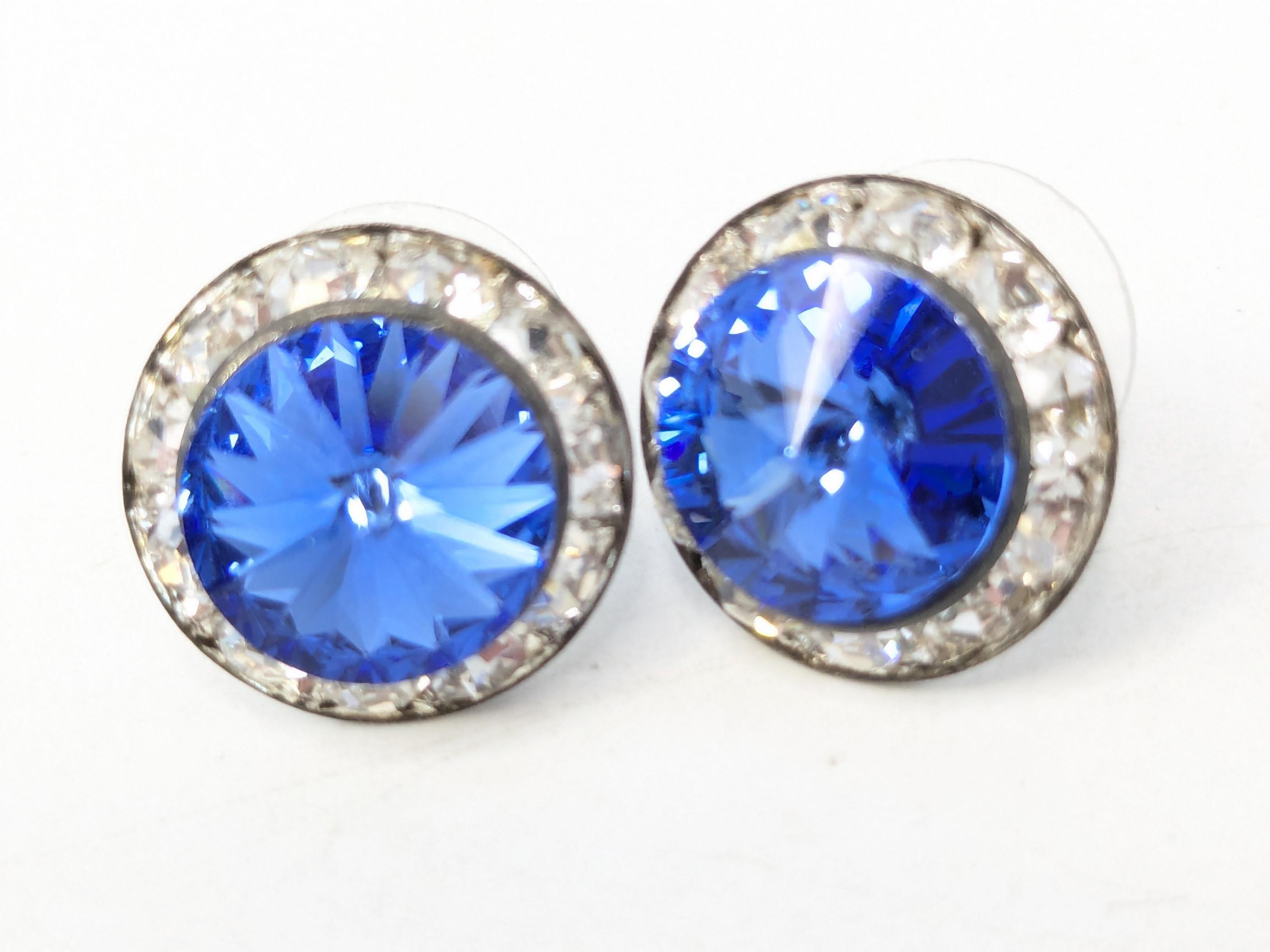 Sparkling Blue Crystal Stud Earrings Silver Tone
