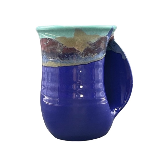 Neher Art Pottery Mug Cup Right Hand Warmer Signed Green Rust Blue Glazed