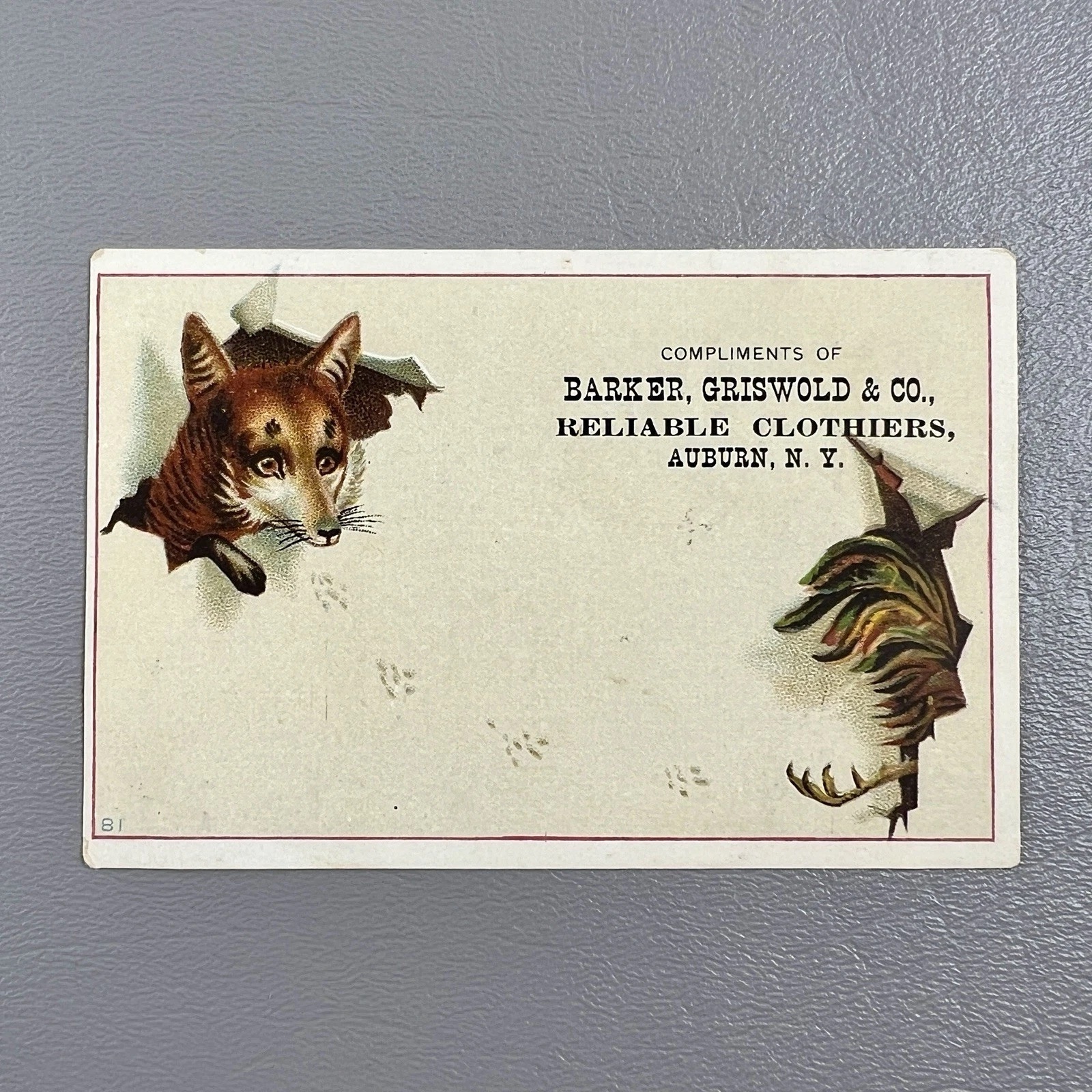 Victorian Trade Card Fox Bird Feathers Auburn NY Barker Griswold ...
