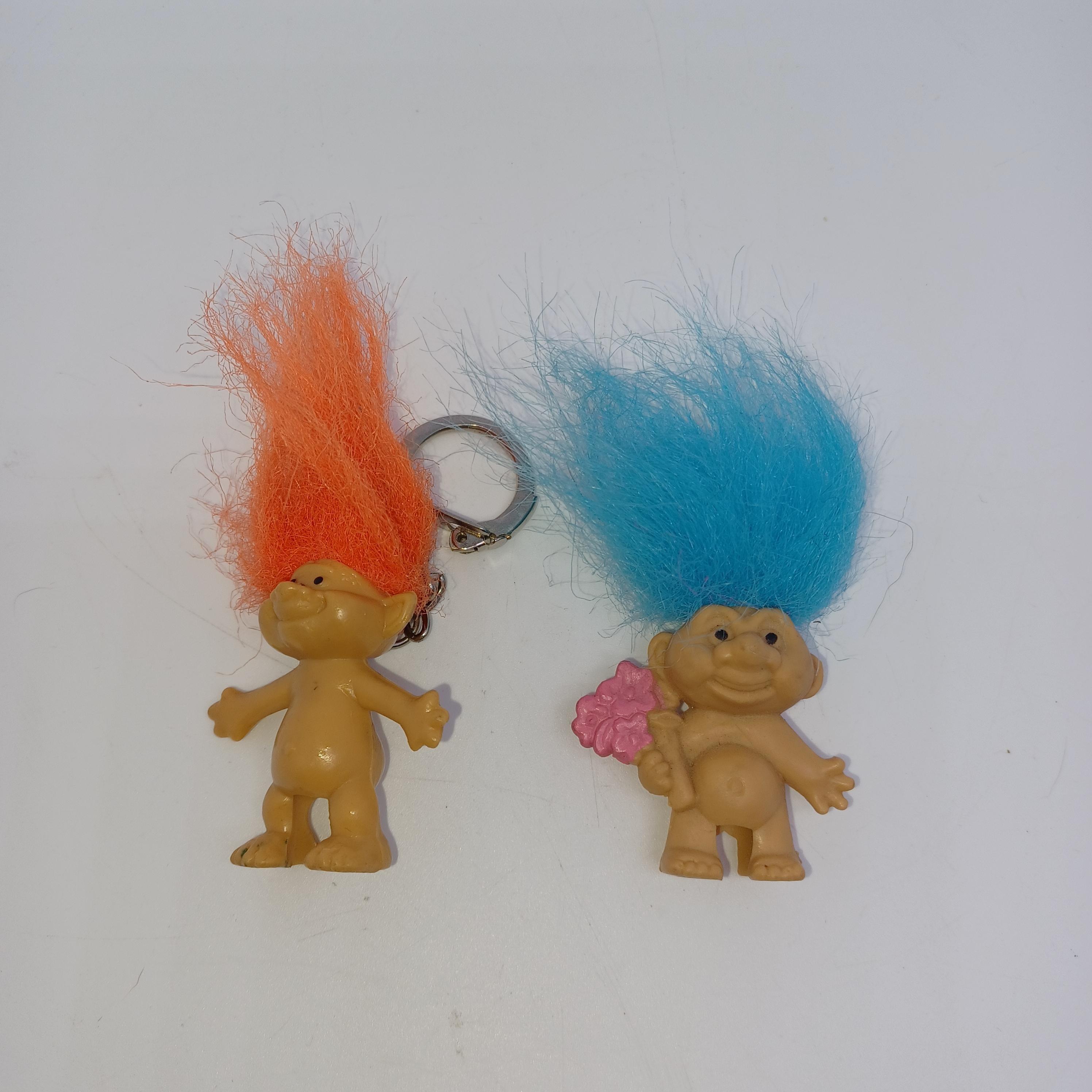 Two Vintage Troll Pencil Toppers blue and orange hair