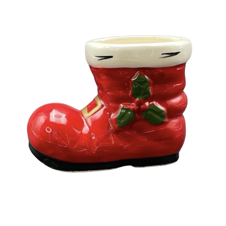 Lefton China Small Red Santa Boot with Holly Planter Original Label ...