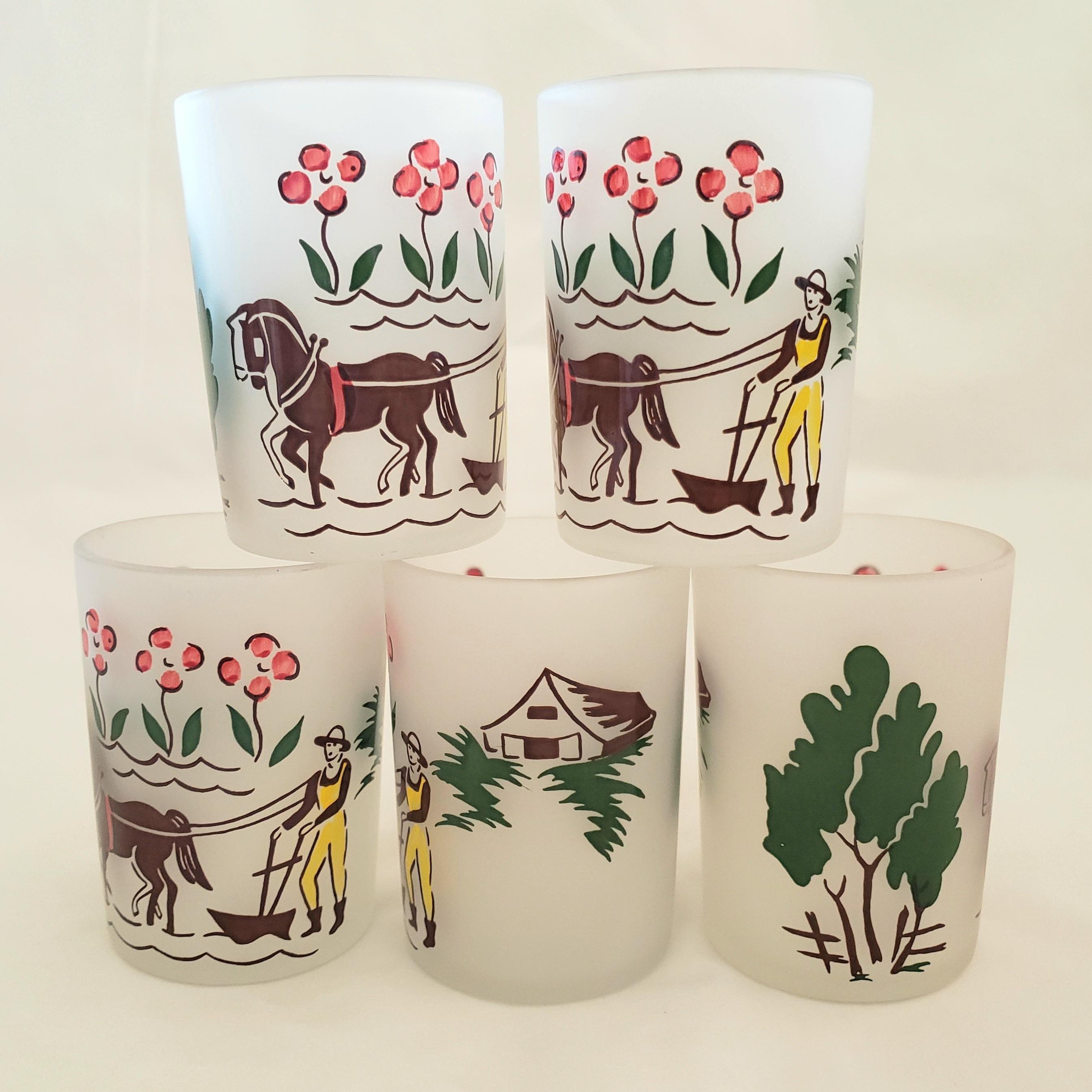 Glass Juice Illustrated Farmer Plowing Farm Theme 5 Small Glass Cups 2⅞ ...