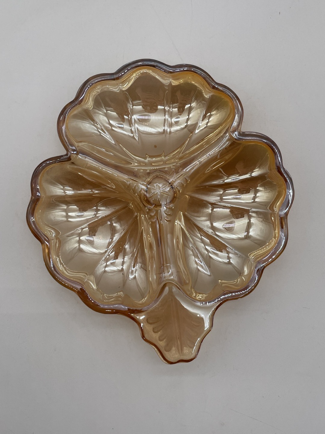 Vintage Iridescent Marigold Carnival Glass Three Leaf Clover Shape Dish