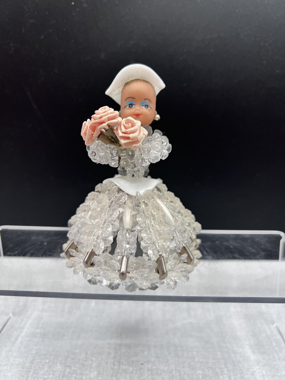 Vintage Safety Pin Doll. Clear and White Beads, Girl is Holding Flowers ...