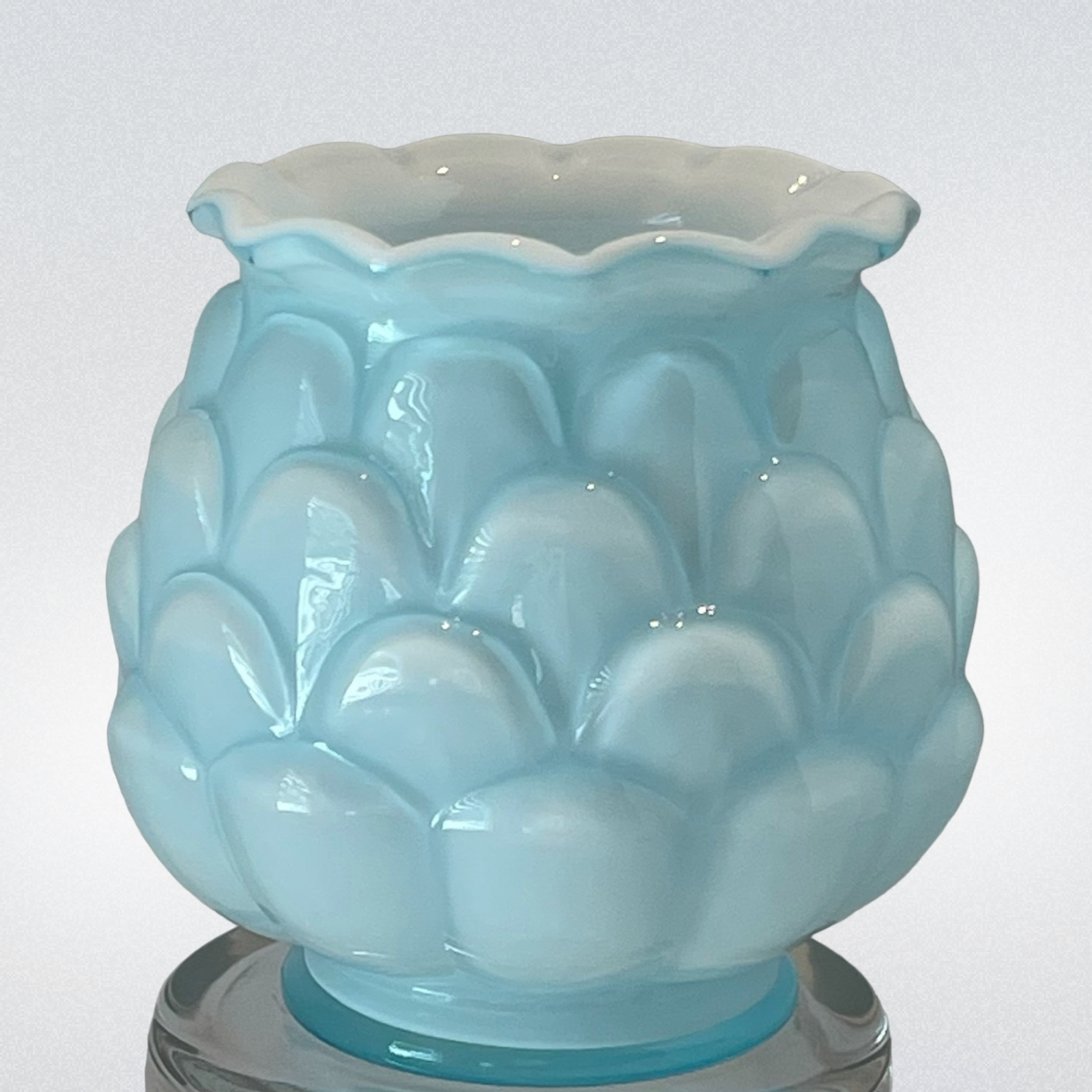 Fenton Jacqueline Blue Opaline White Cased Rose Bowl Vase