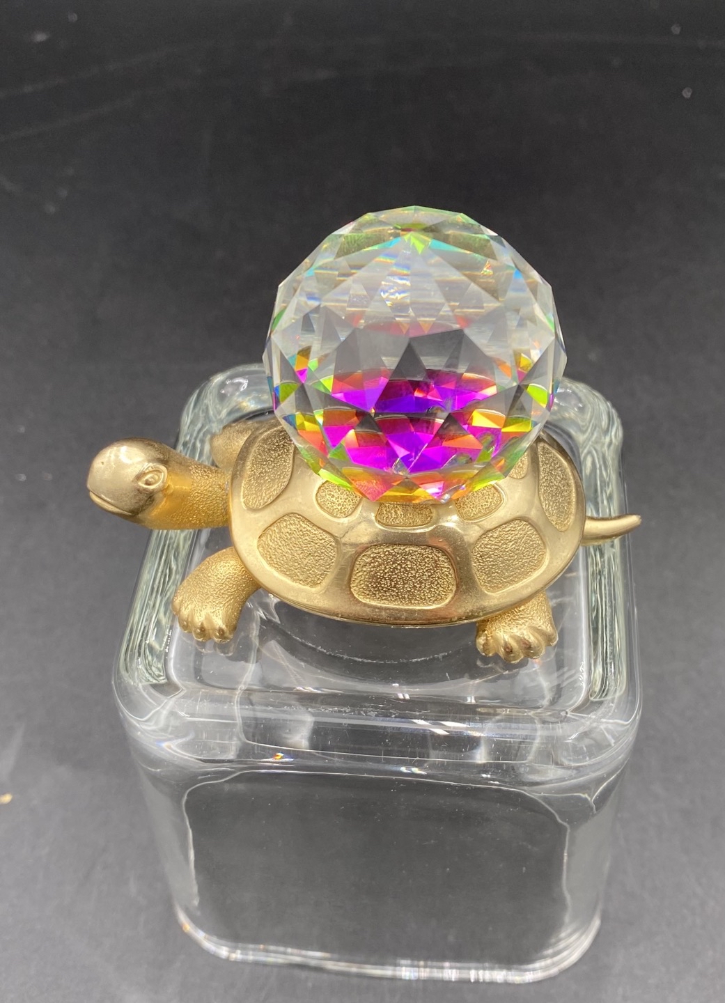 Faceted Crystal Orb on Heavy Brass Turtle, Figurine/Paperweight