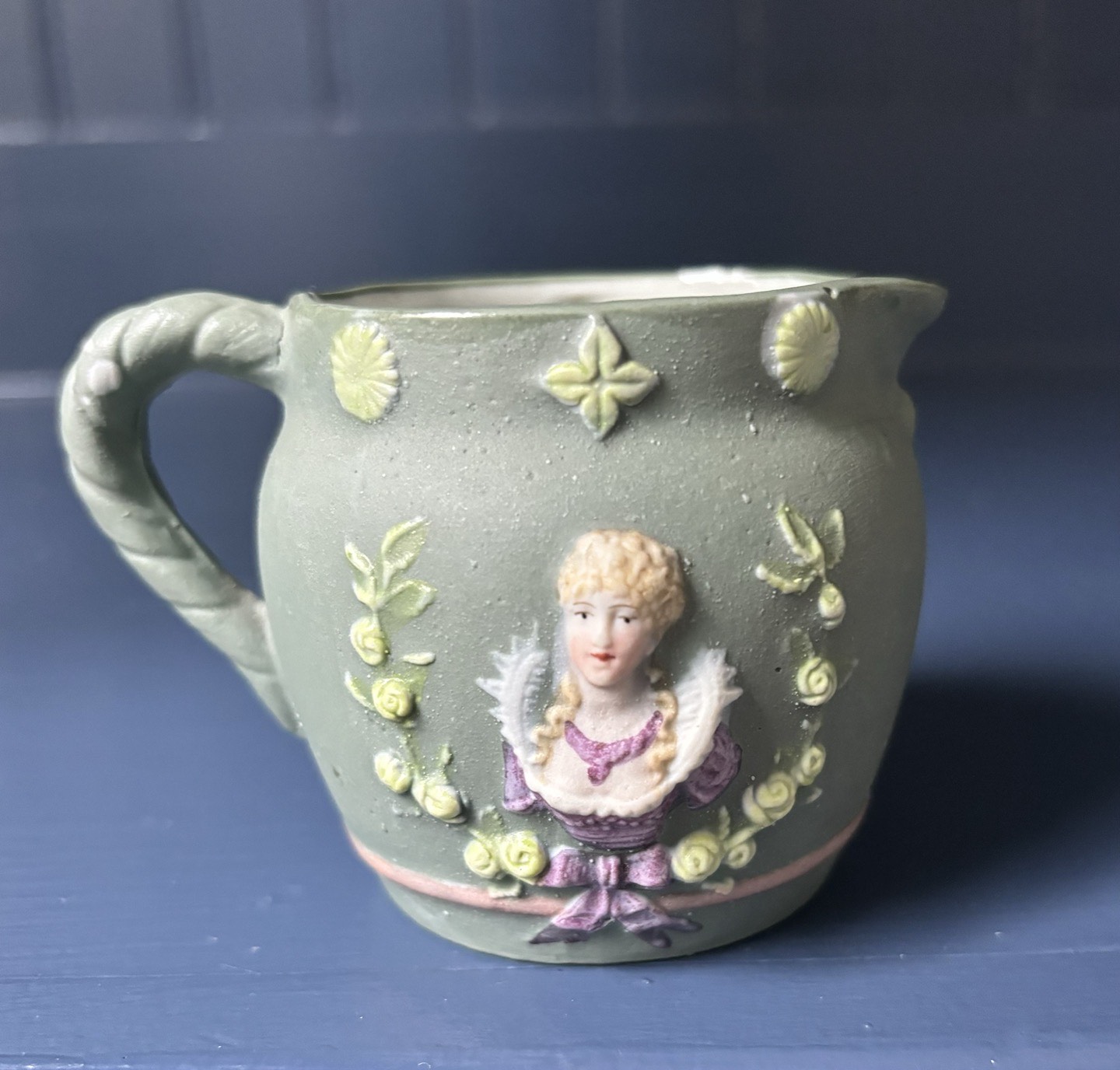 antique German Creamer Pitcher QUEEN ELIZABETH jasperware SHAFER Vater ...