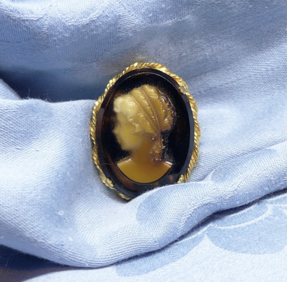 Vintage Tortoise Shell Resin Cameo Brooch
