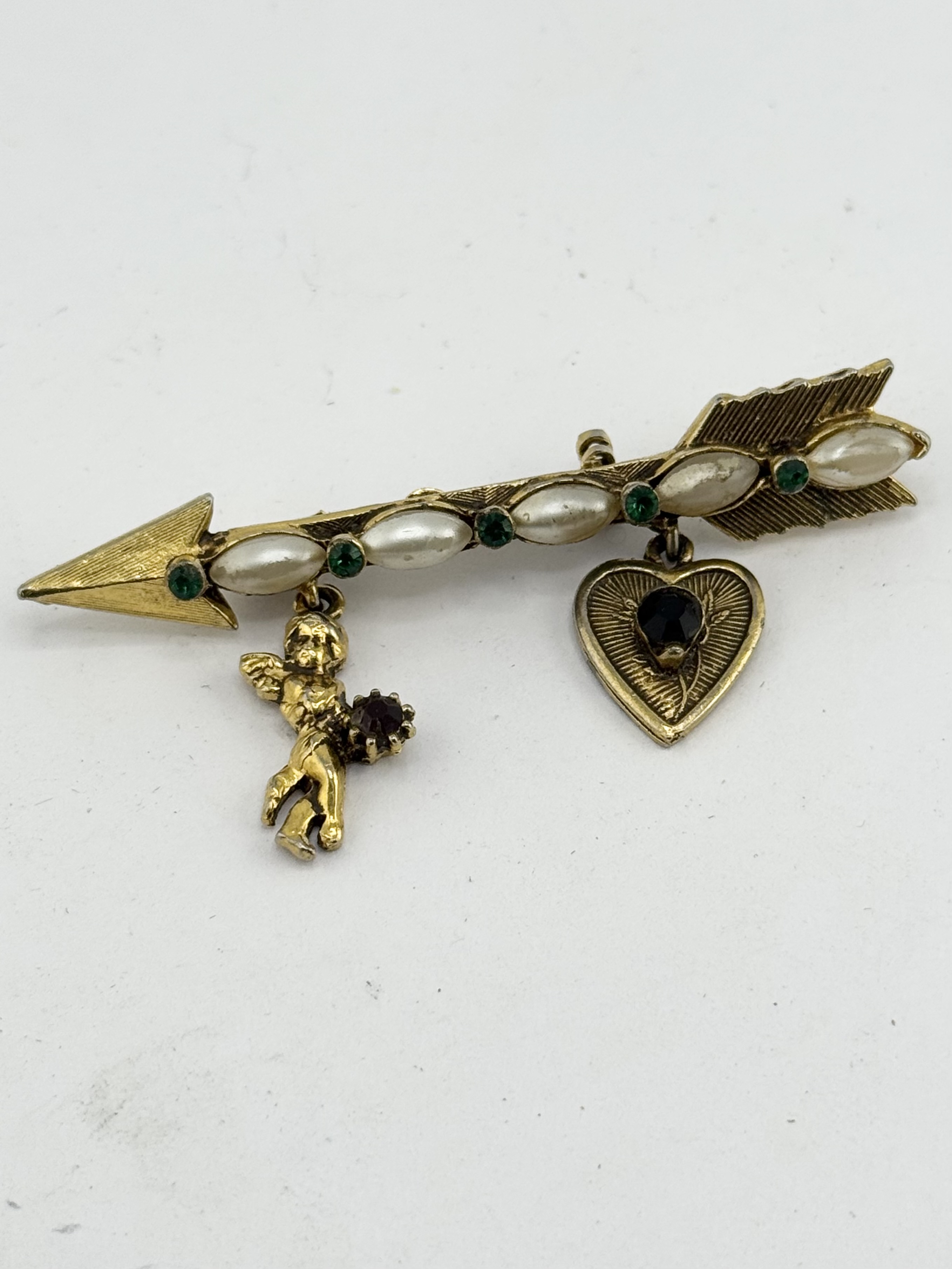 Vintage Florenza Arrow heart angel Cupid rhinestone brooch pin