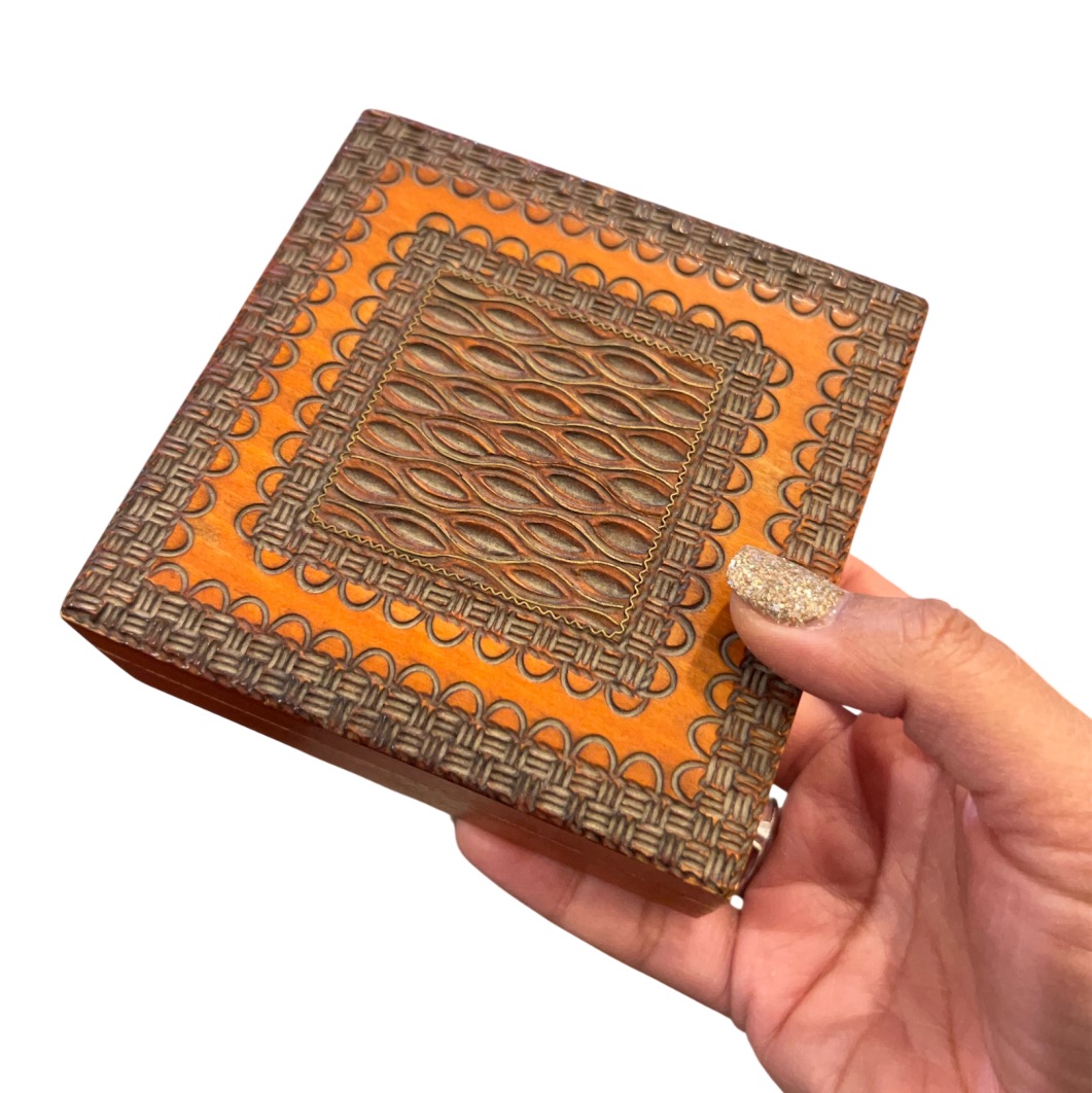 Carved Wood and Brass Pyrography Box