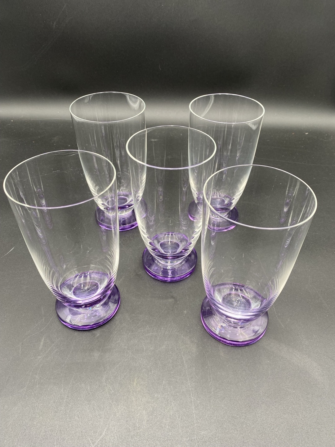 Set of 5 Drinking Glasses, Thick Purple Pedestal Bases, Optical Glass ...