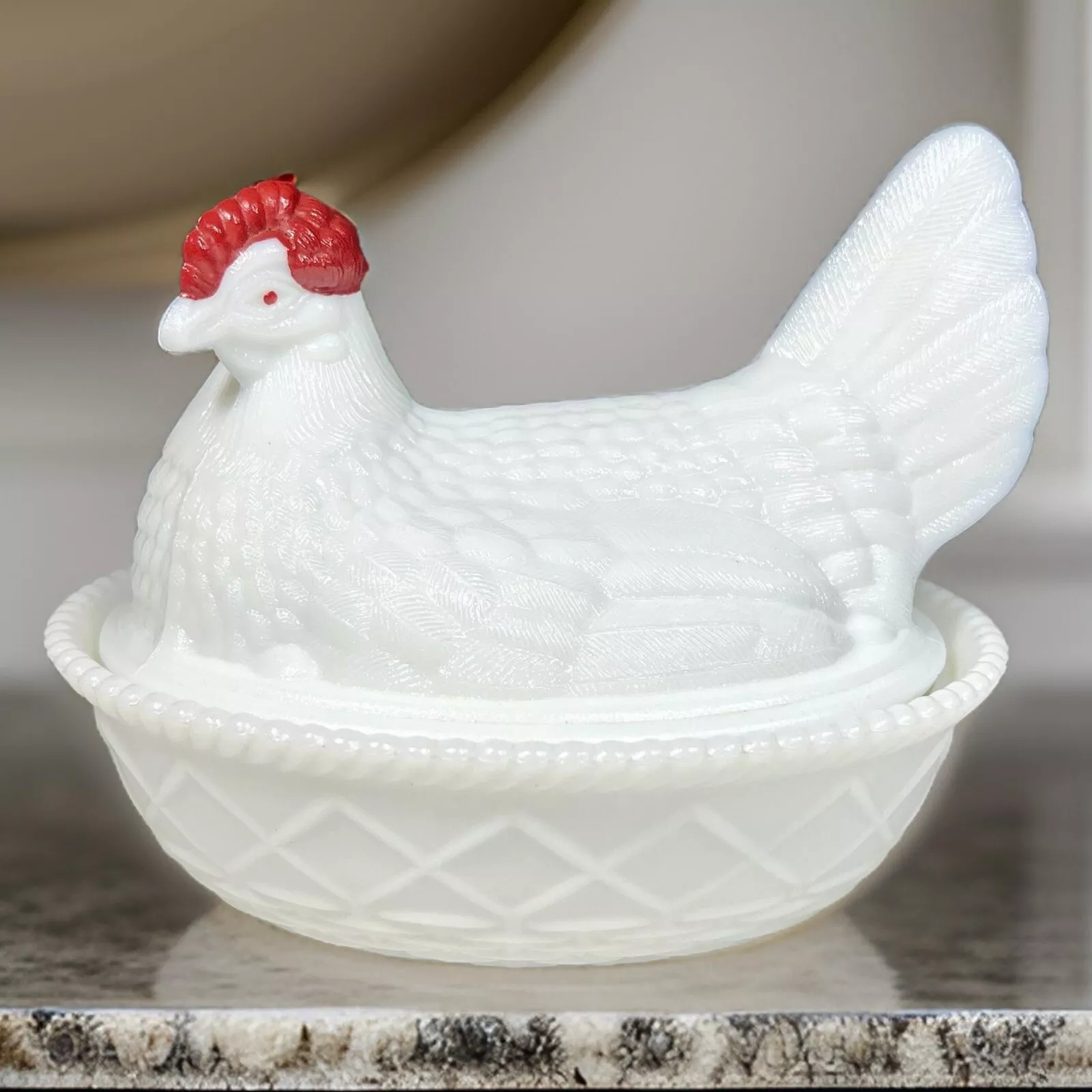 Westmoreland Milk Glass Hen On Nest Covered Dish Red Crest Cross on ...