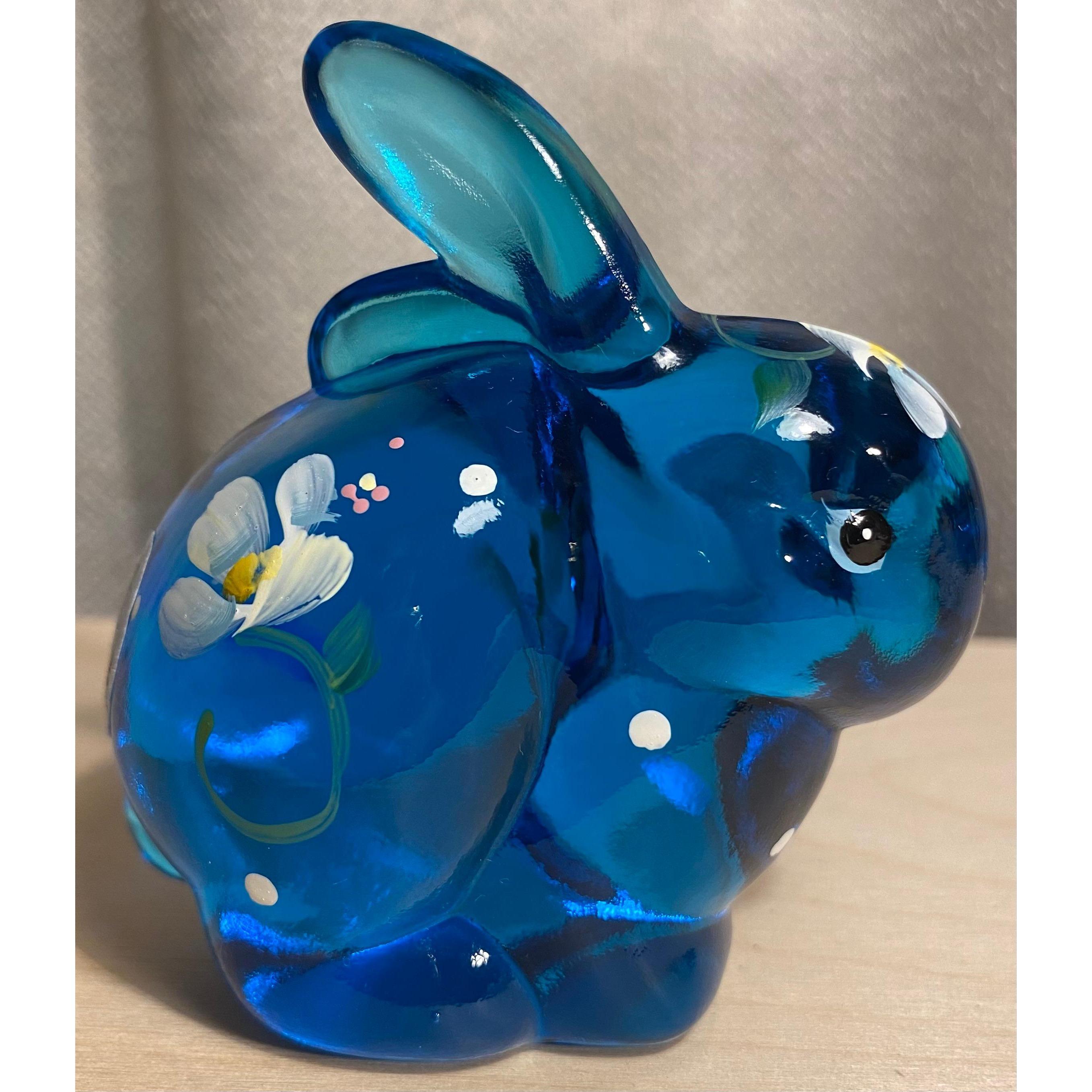Fenton Blue Glass Bunny painted, signed, and label