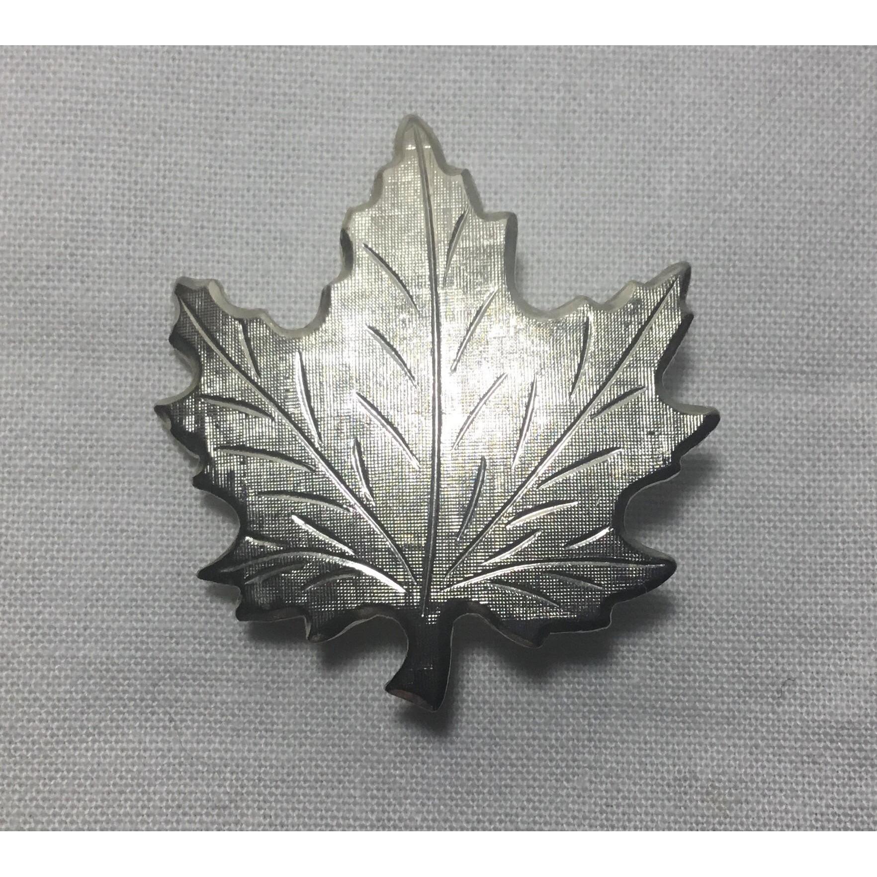 Silver tone maple leaf brooch, textured & etched, safety clasp